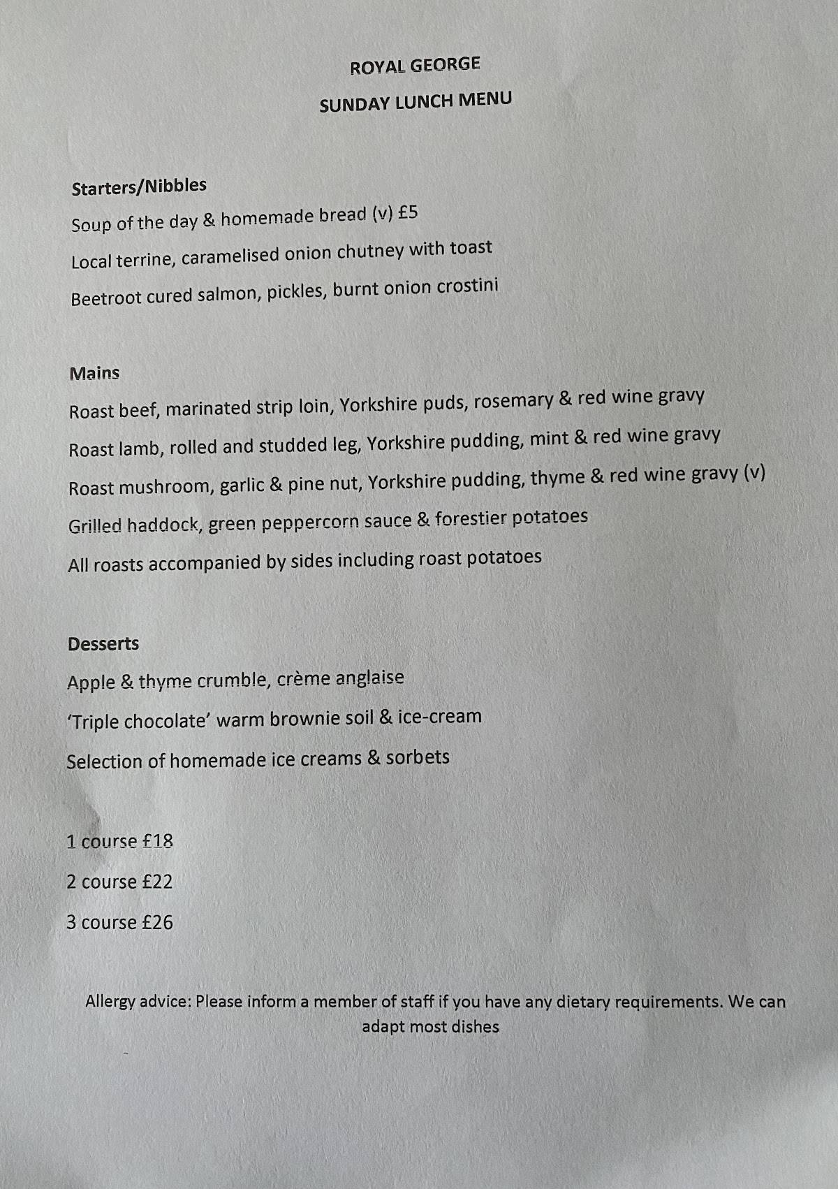 Menu at The Royal George pub & bar, England, Lingen