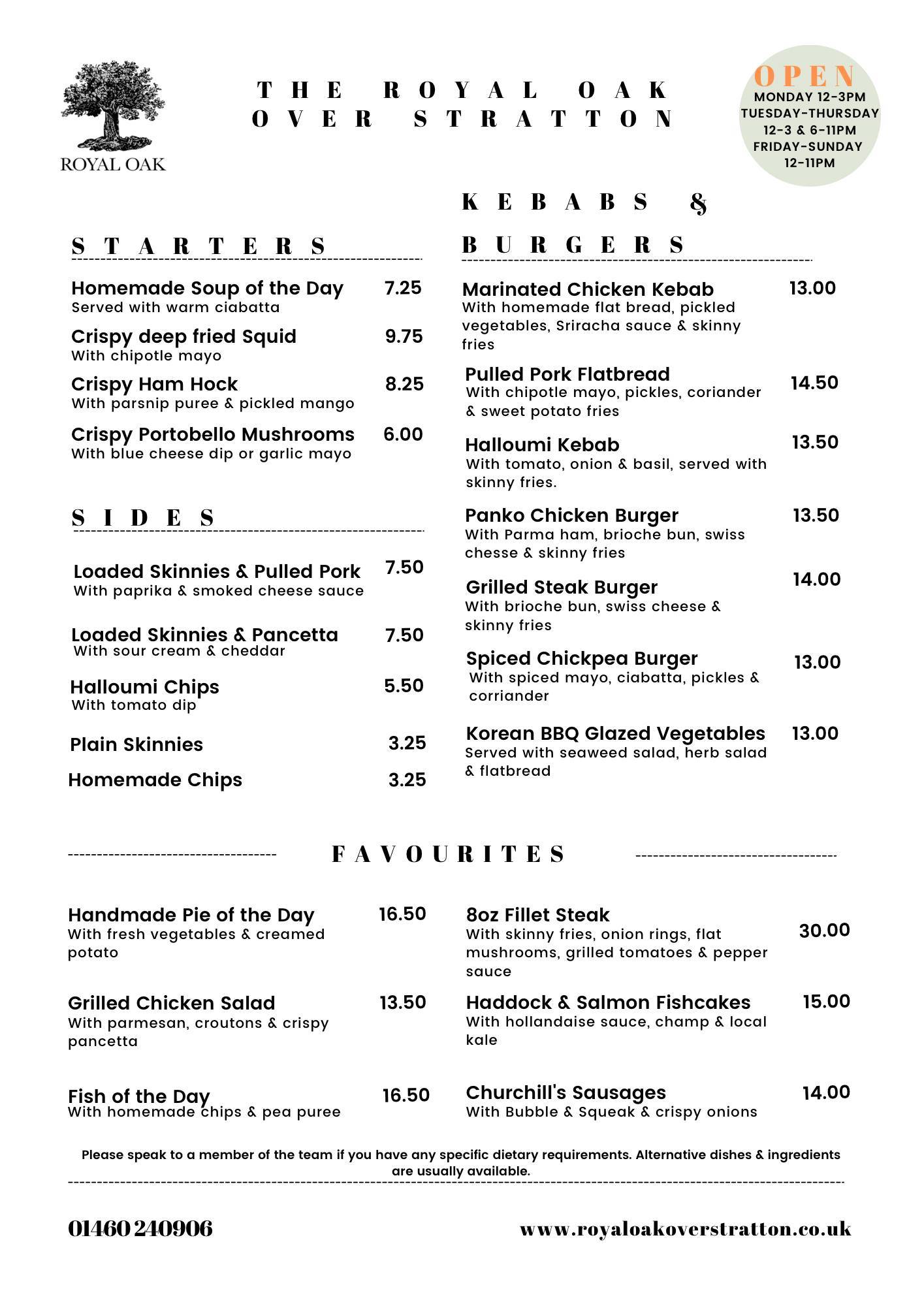 Menu at The Royal Oak pub & bar, South Petherton, Over Stratton