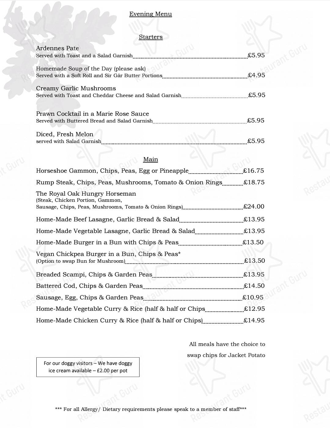 Menu at The Royal Oak Inn pub & bar, England, Rhandirmwyn