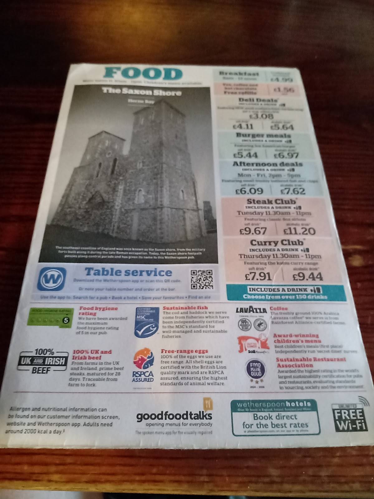 Menu at The Saxon Shore - JD Wetherspoon pub & bar, Herne Bay