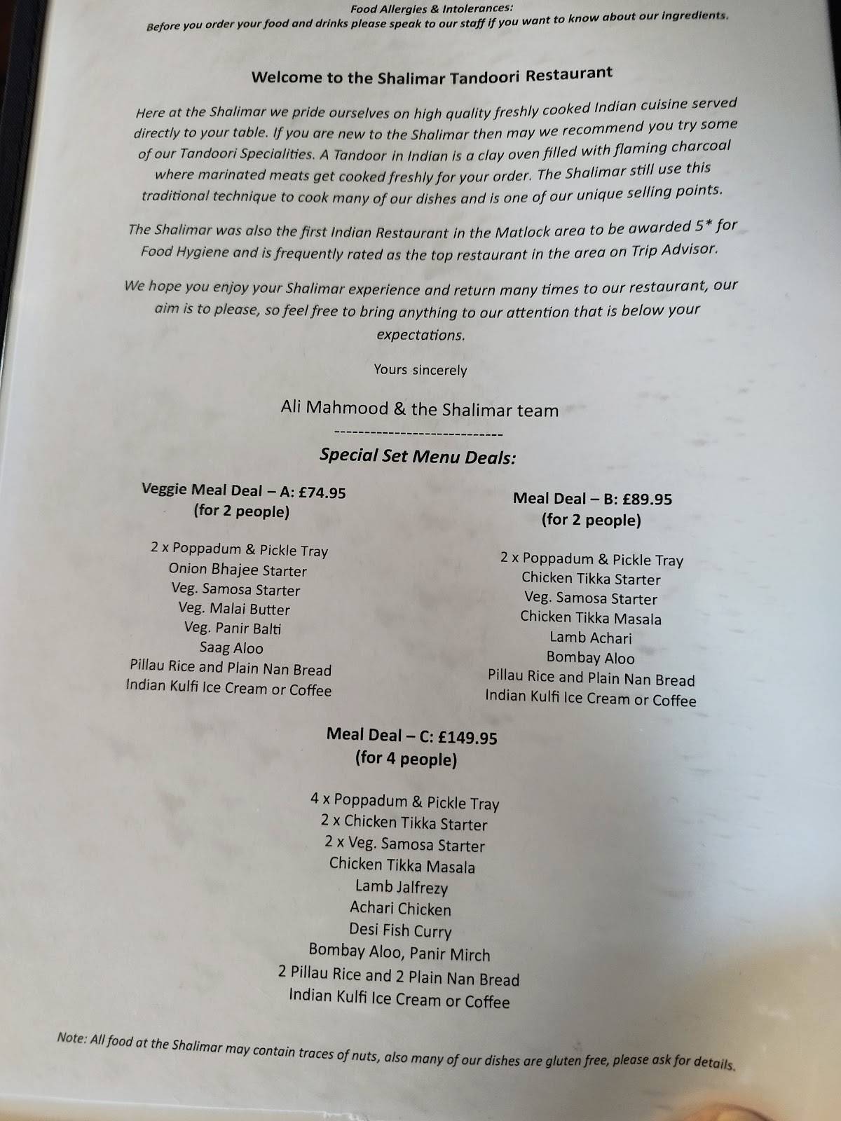 Menu at The Shalimar restaurant, Matlock