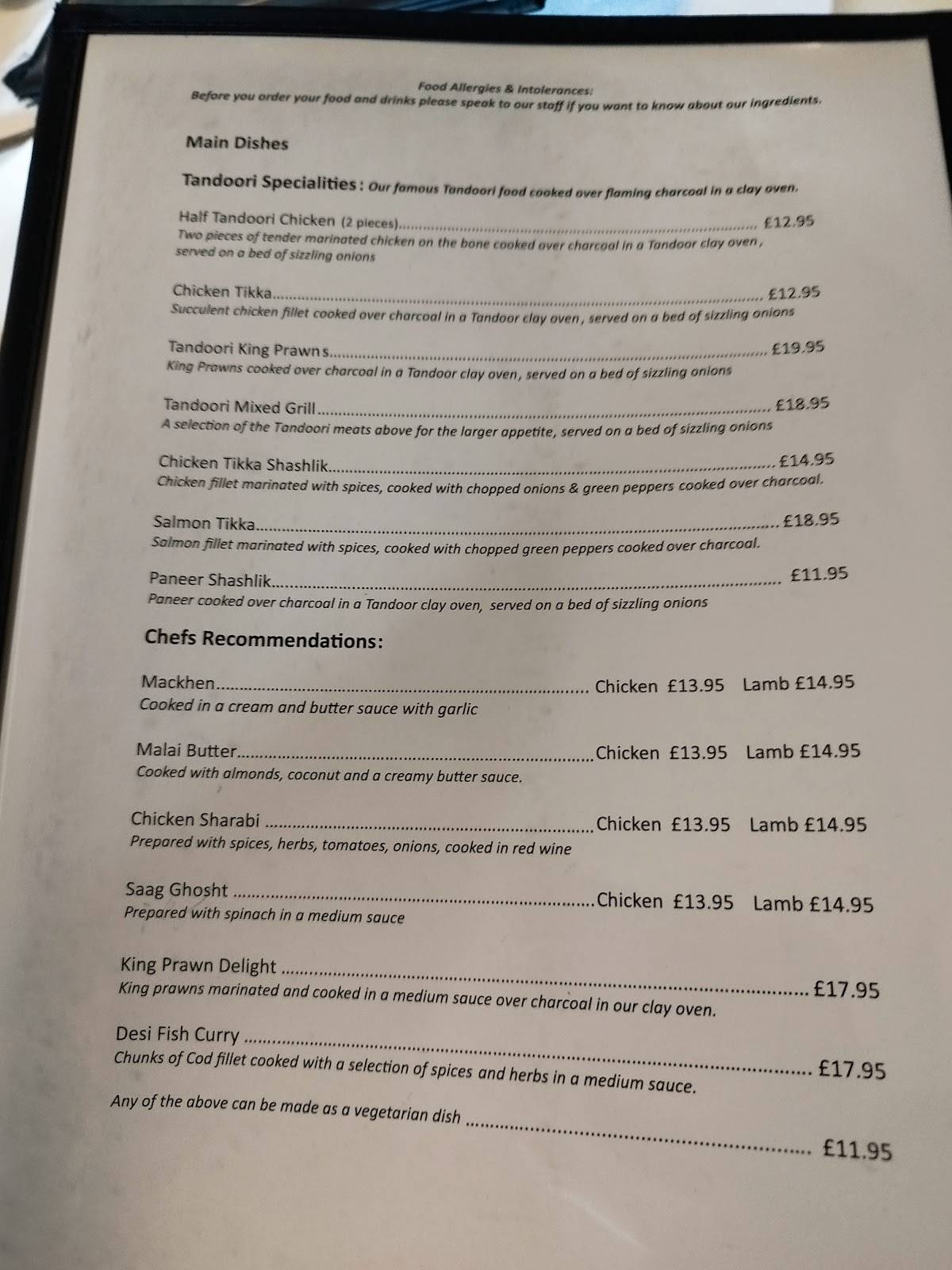 Menu at The Shalimar restaurant, Matlock