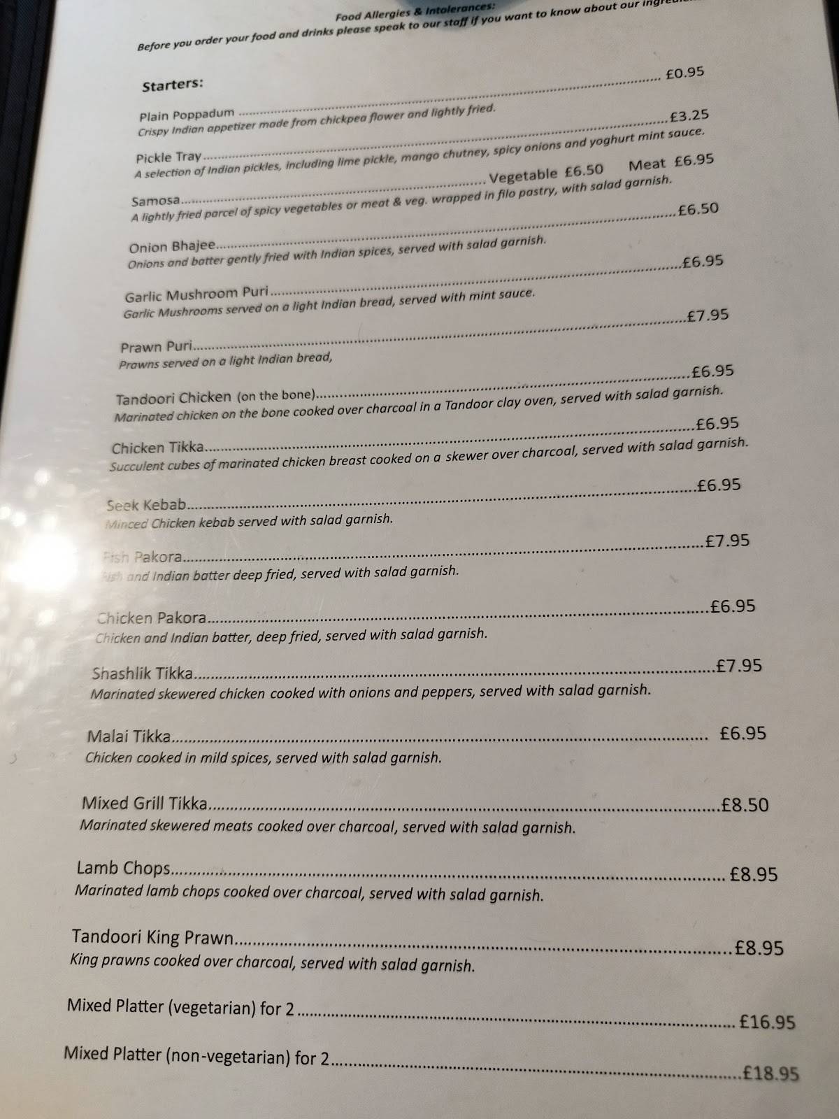 Menu at The Shalimar restaurant, Matlock
