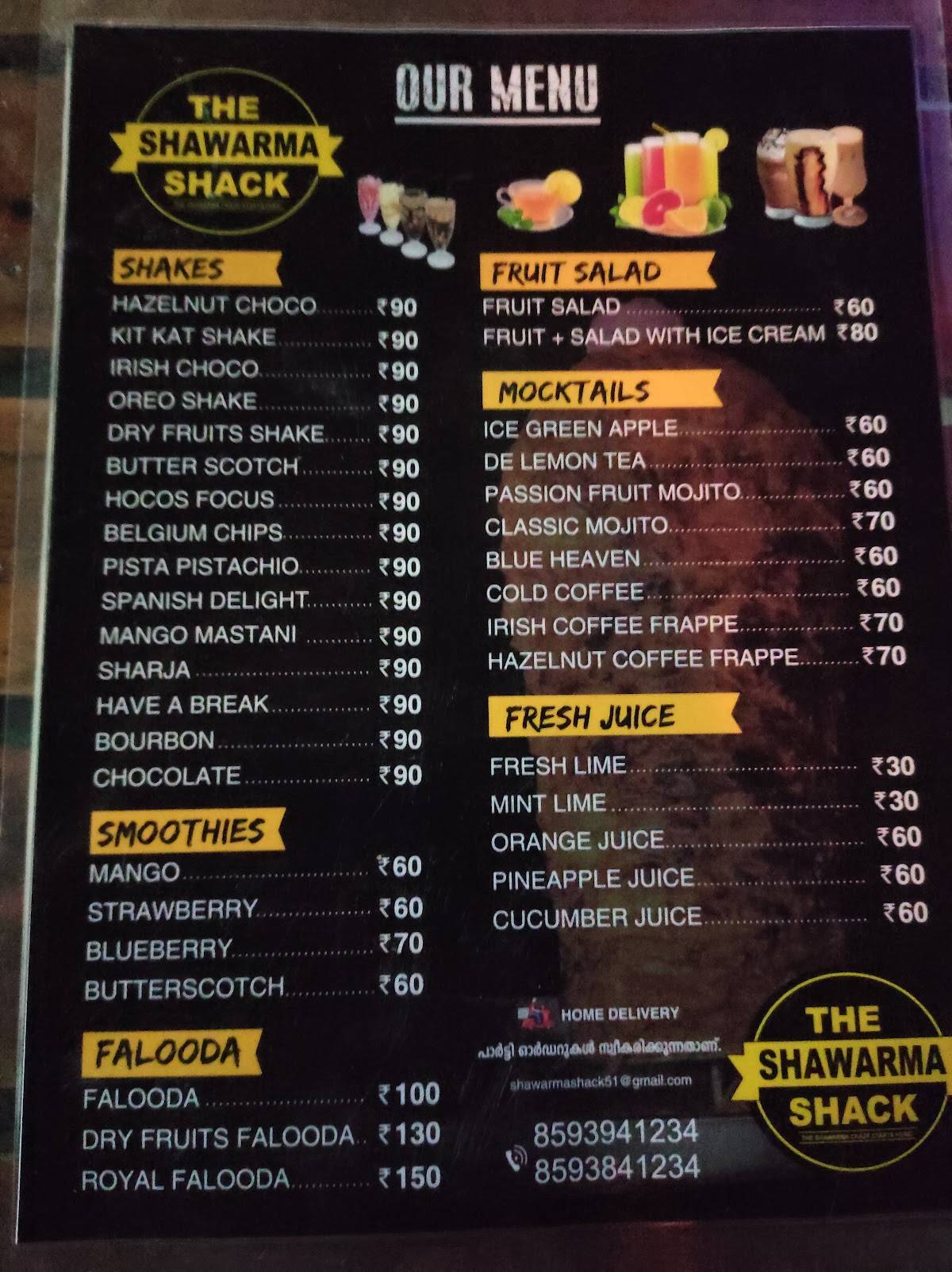 Menu at The Shawarma Shack, Thrissur