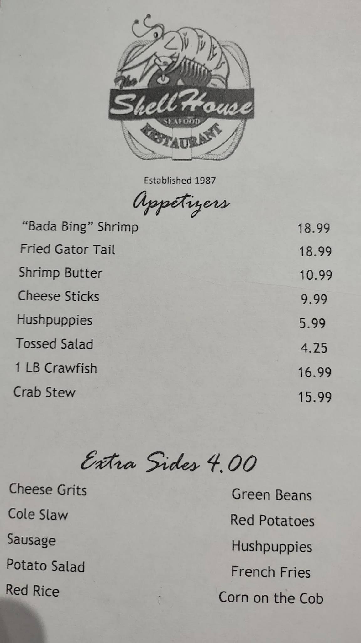 Menu at The ShellHouse Seafood Restaurant, Savannah