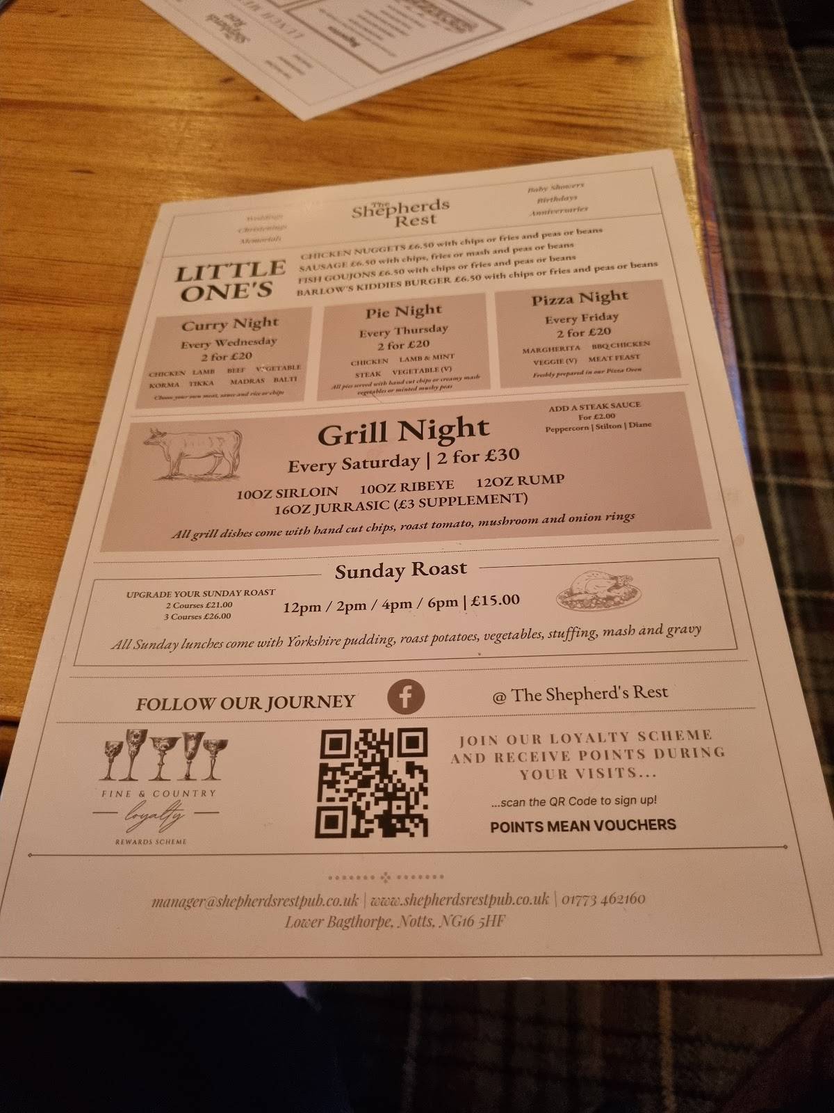 Menu at The Shepherds Rest pub & bar, Nottingham, Lower Bagthorpe