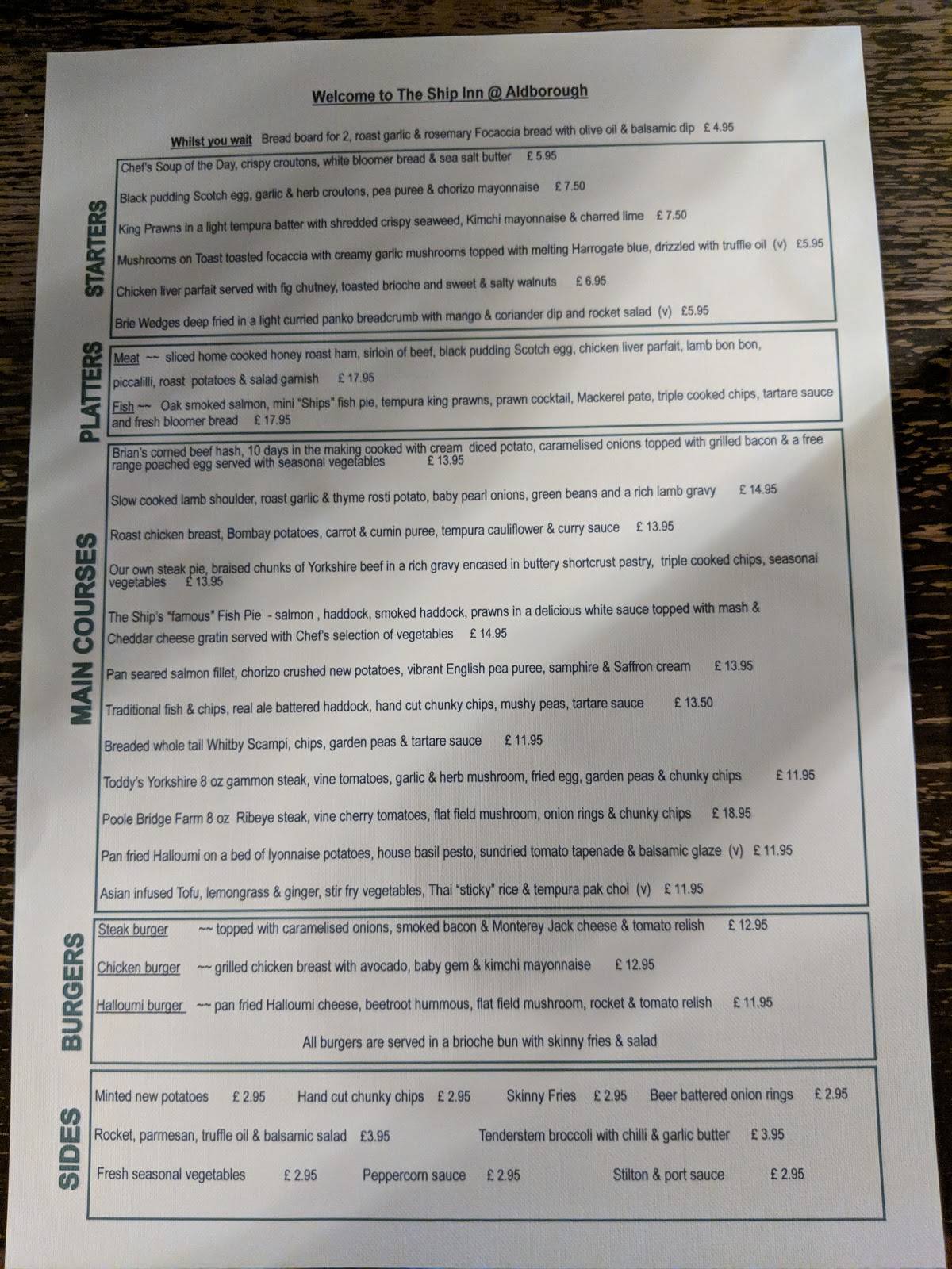 Menu at The Ship Inn pub & bar, Boroughbridge