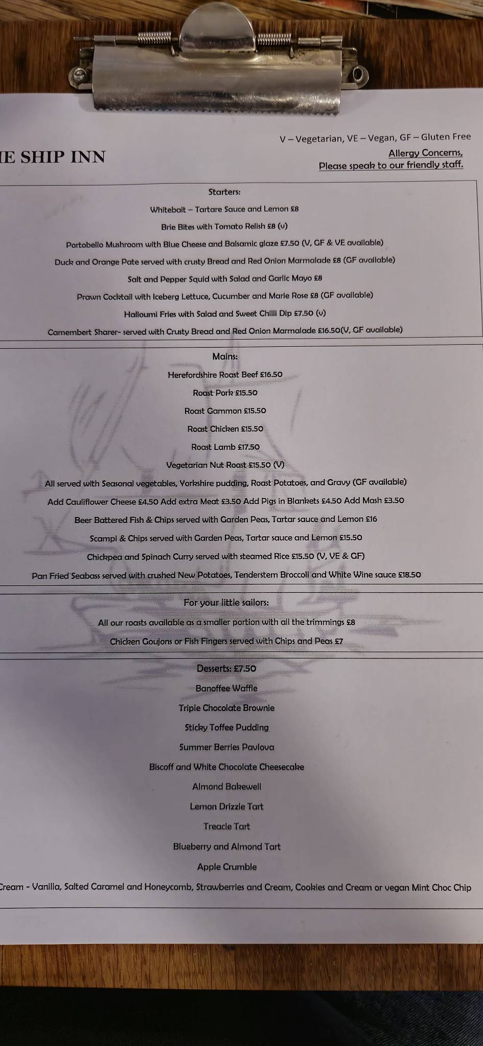 Menu at The Ship Inn pub & bar, Frampton on Severn, Moor St