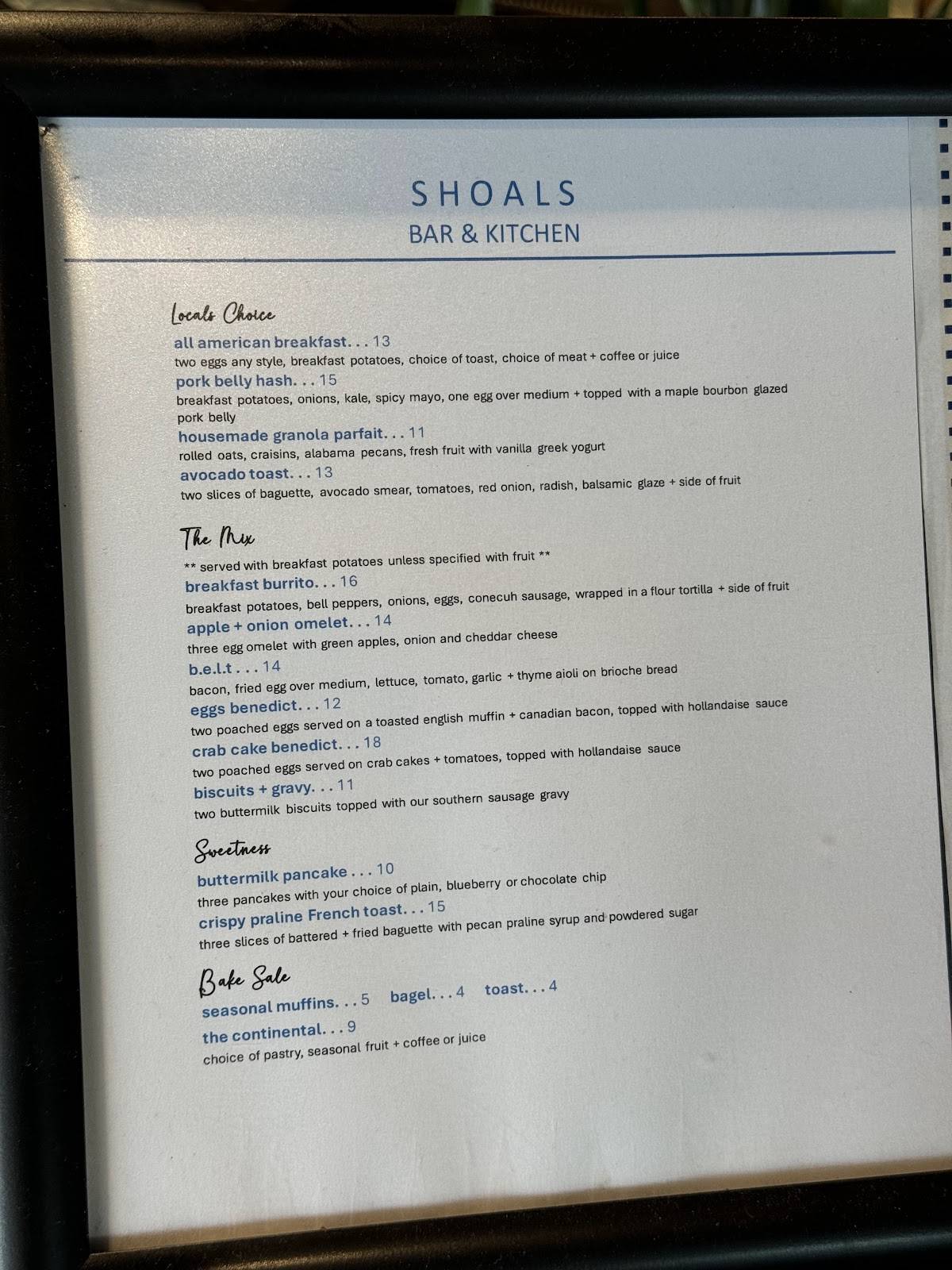 Menu at The Shoals Bar and Kitchen, Tuscaloosa
