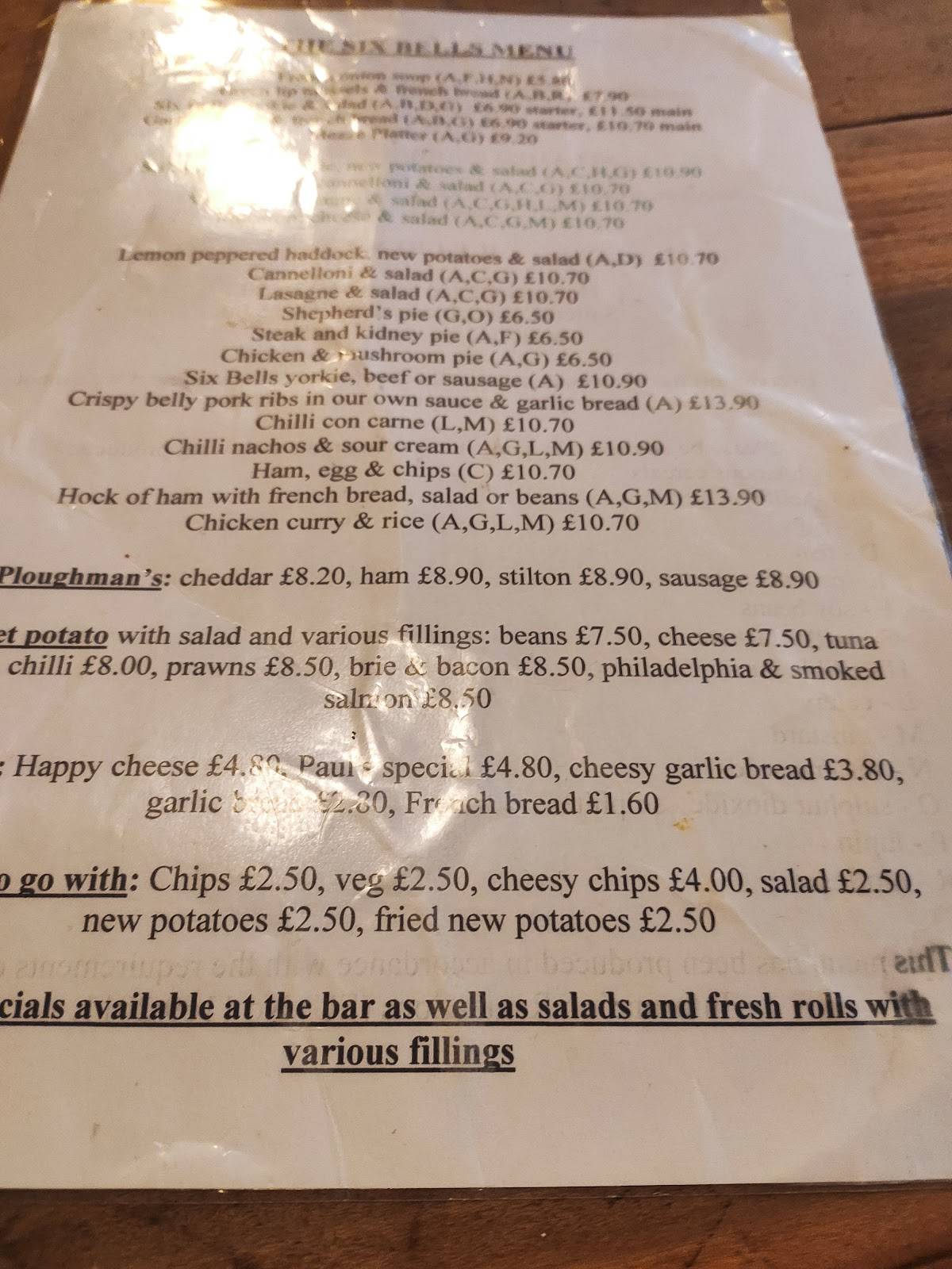 Menu at The Six Bells Chiddingly pub & bar, Chiddingly