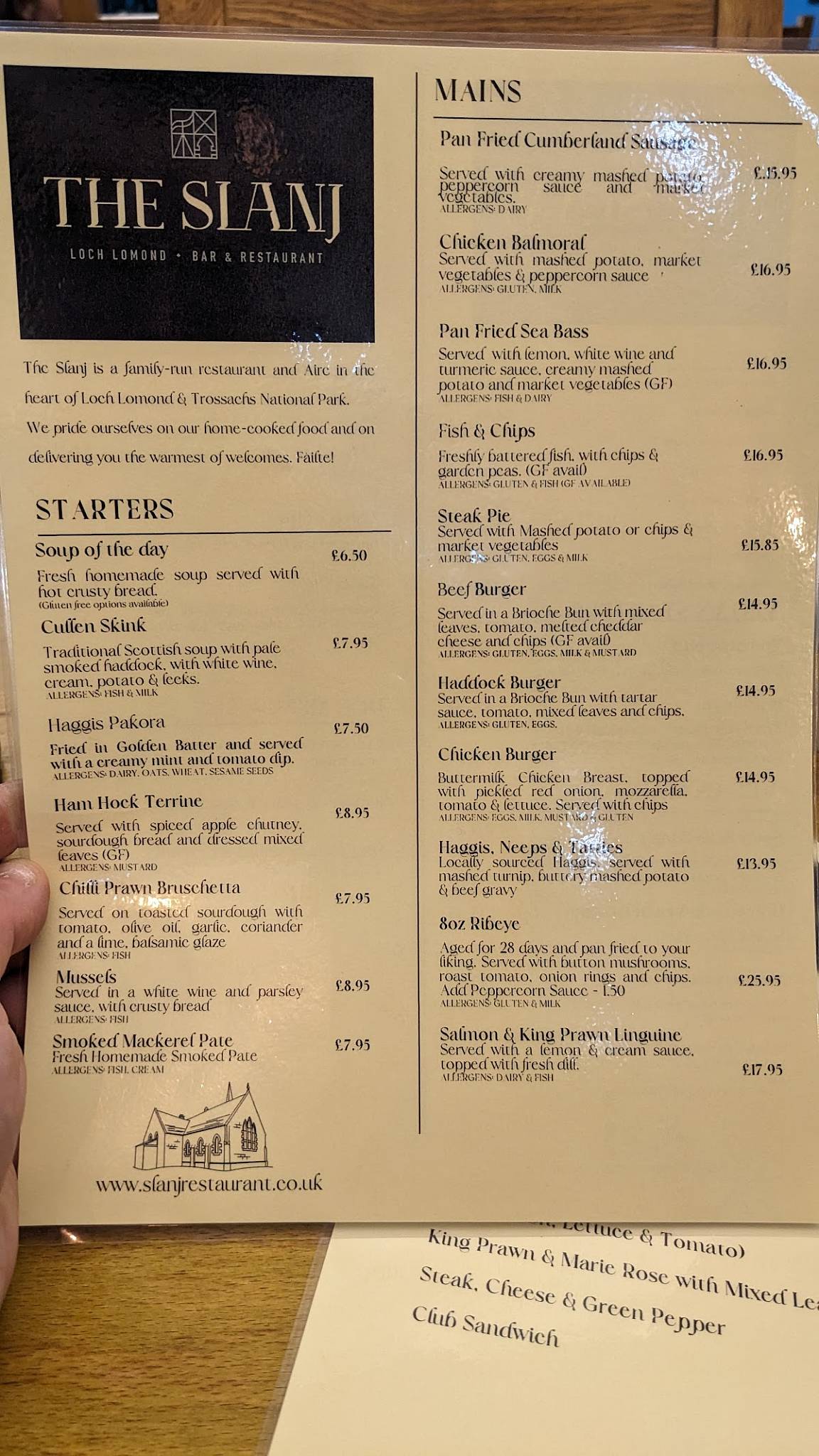 Menu at The Slanj pub & bar, Arrochar, Station Rd