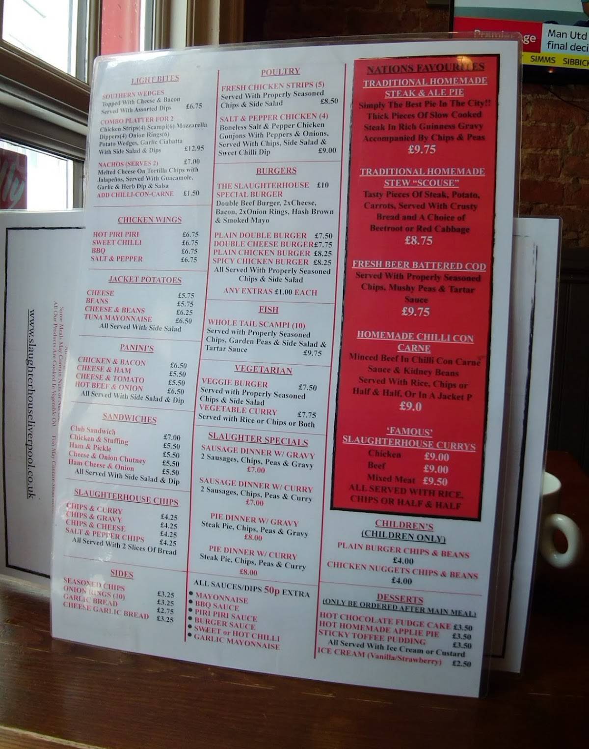 Menu at The Slaughter House pub & bar, Liverpool, 13-15 Fenwick St
