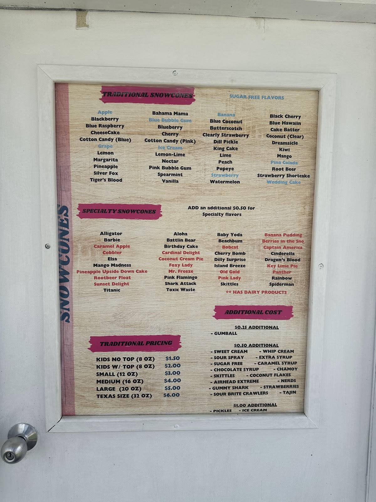 Carta de The Sno-Barn Snowcones : Mauriceville, Orange