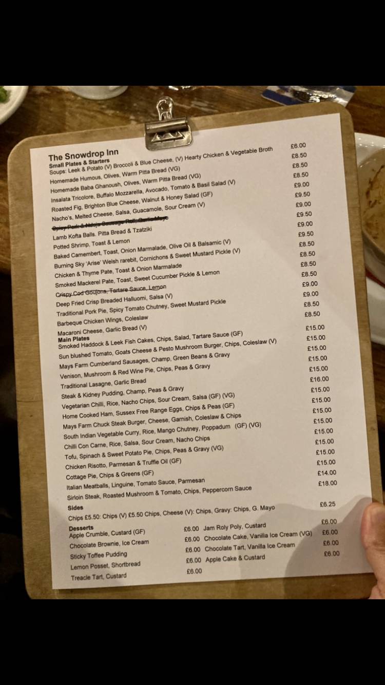 Menu at The Snowdrop Inn, Lewes pub & bar, Lewes, 119 South St