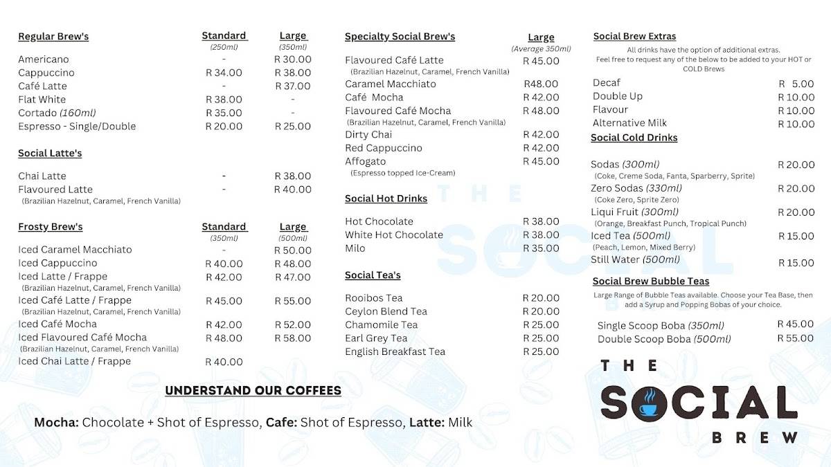Menu at The Social Brew, Sasolburg