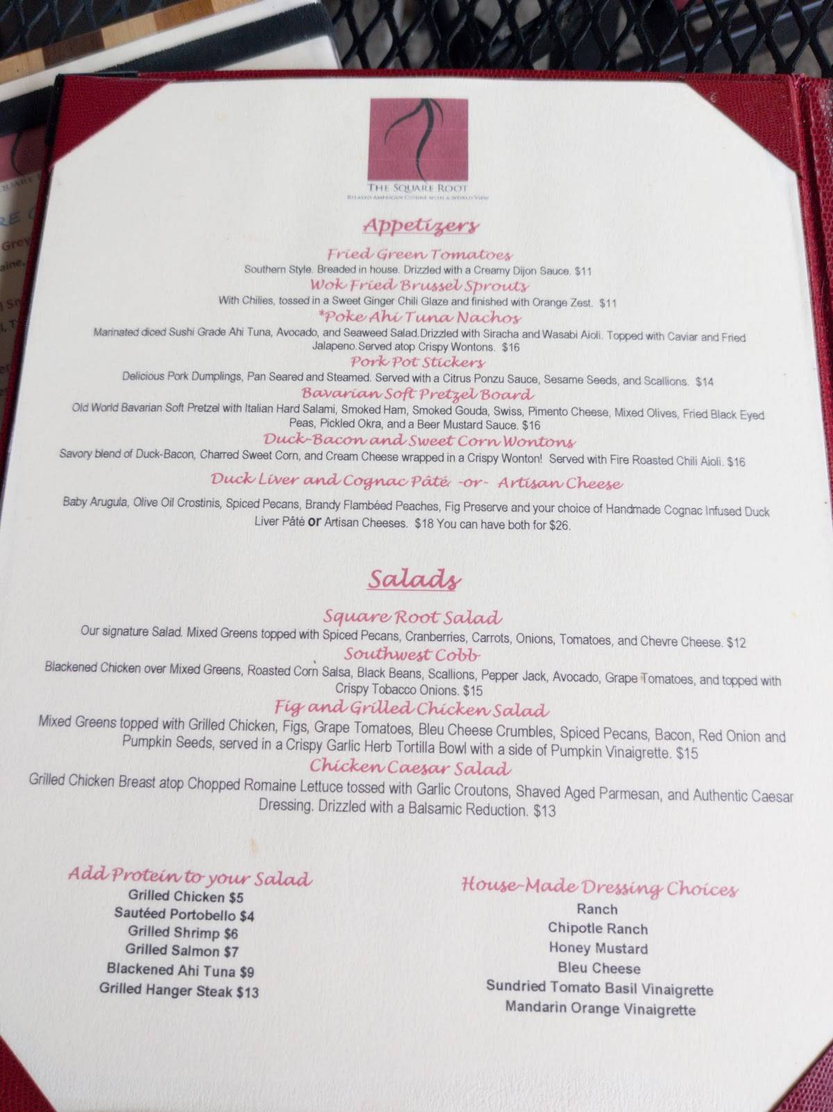 Menu at The Square Root restaurant, Brevard