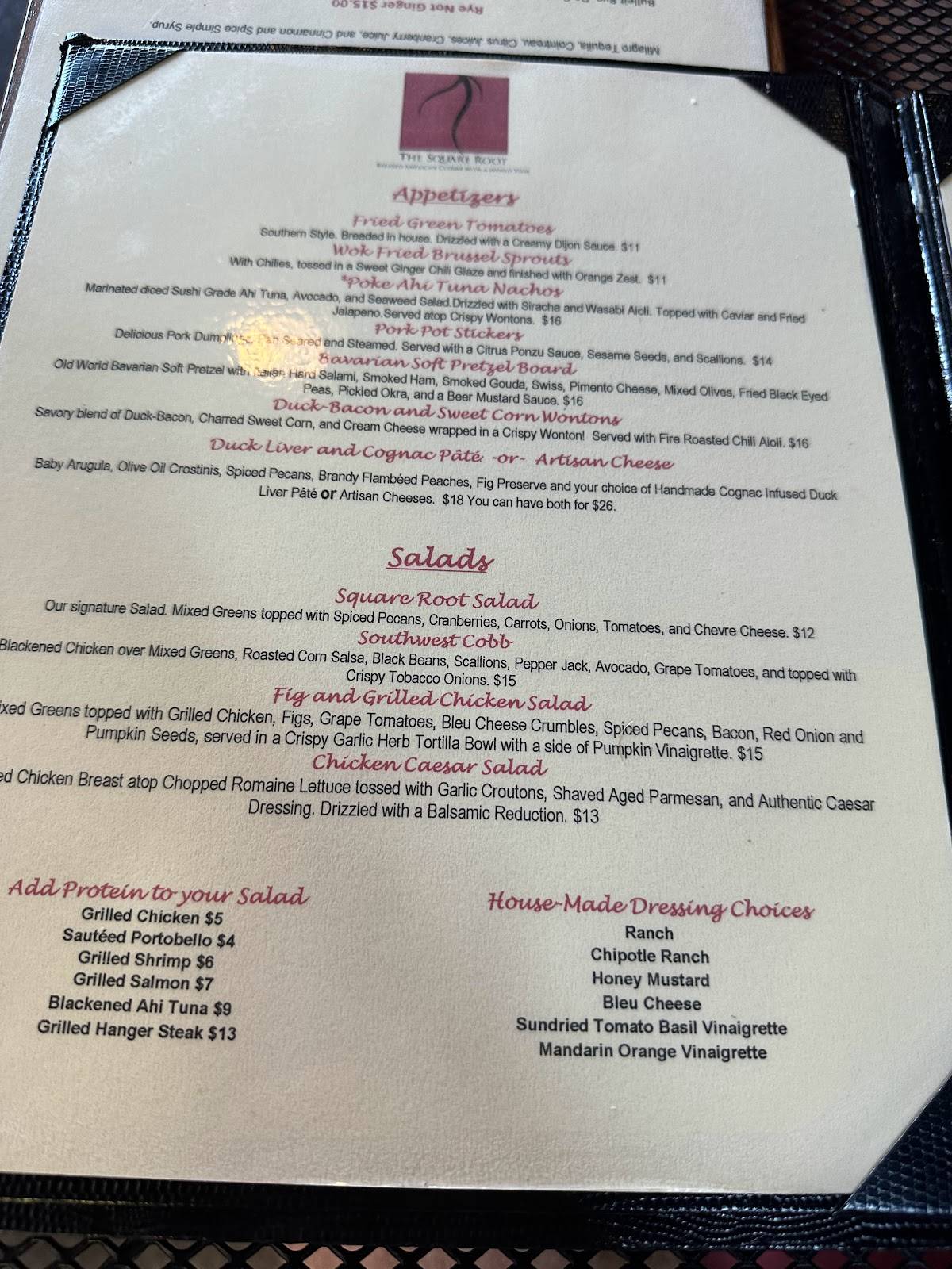 Menu at The Square Root restaurant, Brevard