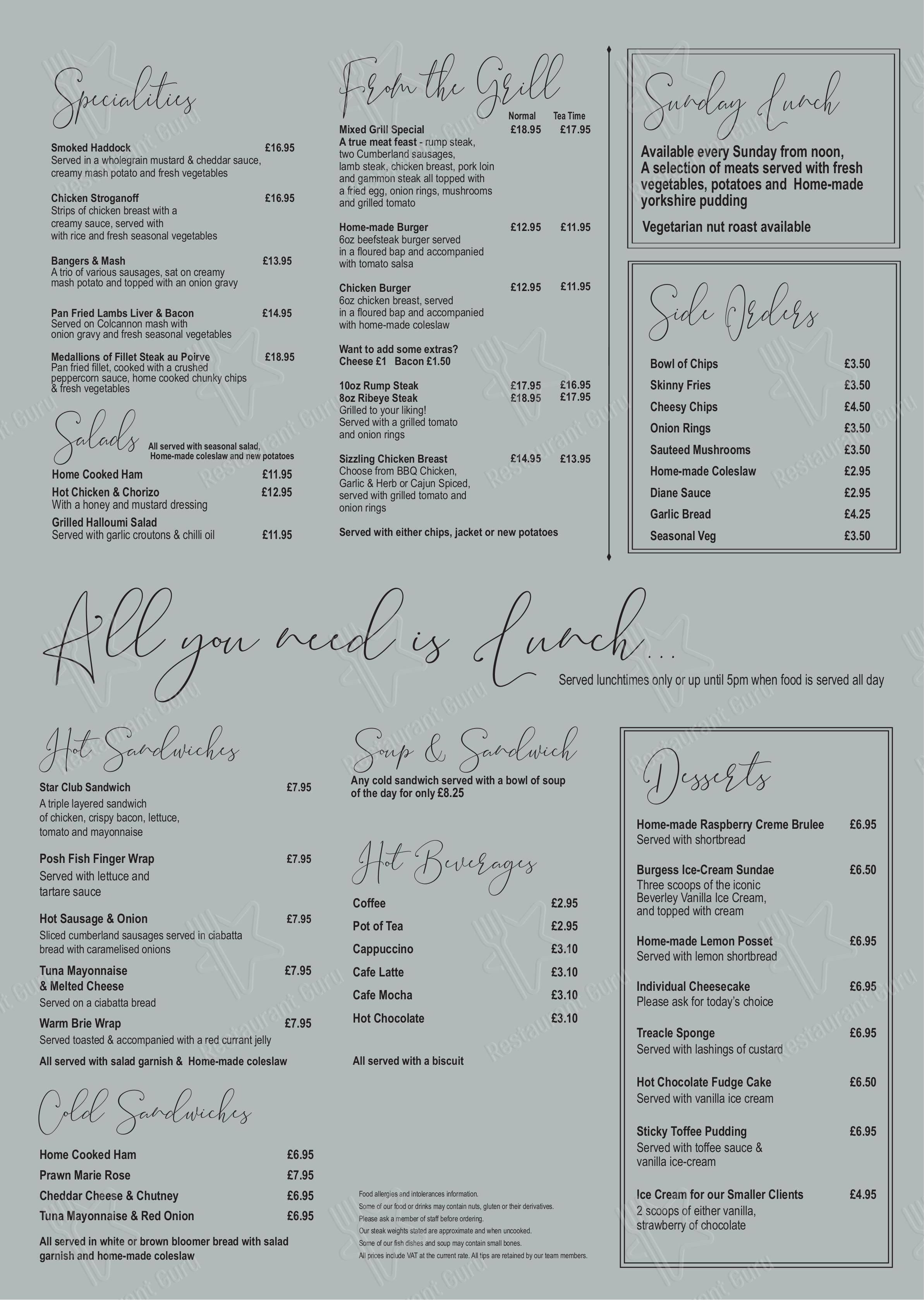 Menu at The Star Inn pub & bar, Willerby
