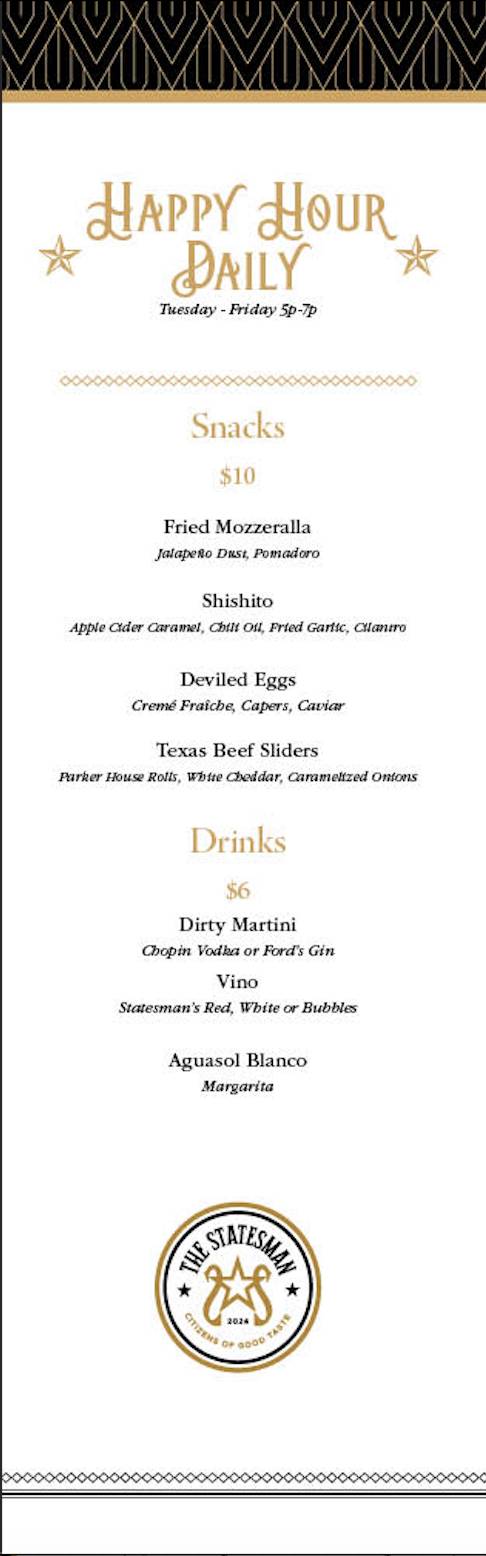 Menu at The Statesman - Austin Restaurant & Bar, Austin