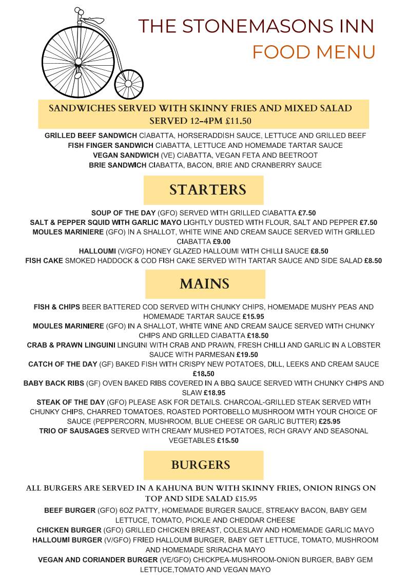 Menu at The Stonemasons Inn pub & bar, Petworth