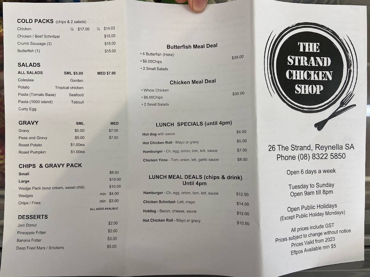 Menu at The Strand Chicken Shop restaurant, Reynella