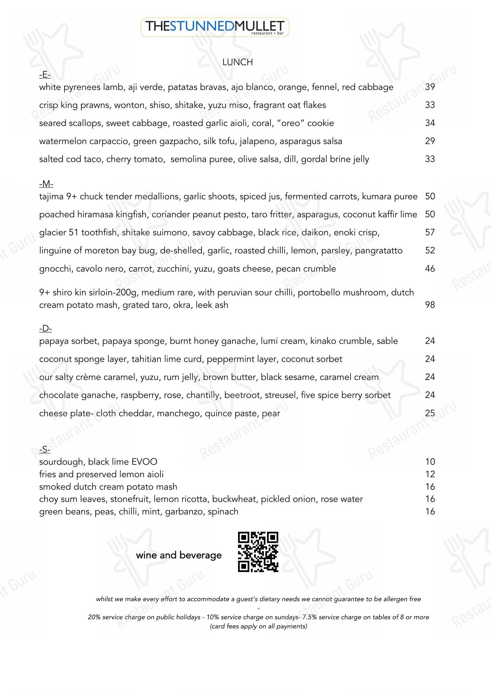 Menu at The Stunned Mullet restaurant, Port Macquarie
