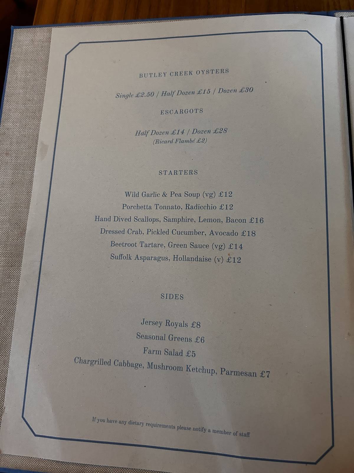 Menu at The Suffolk Sur-Mer restaurant, Aldeburgh