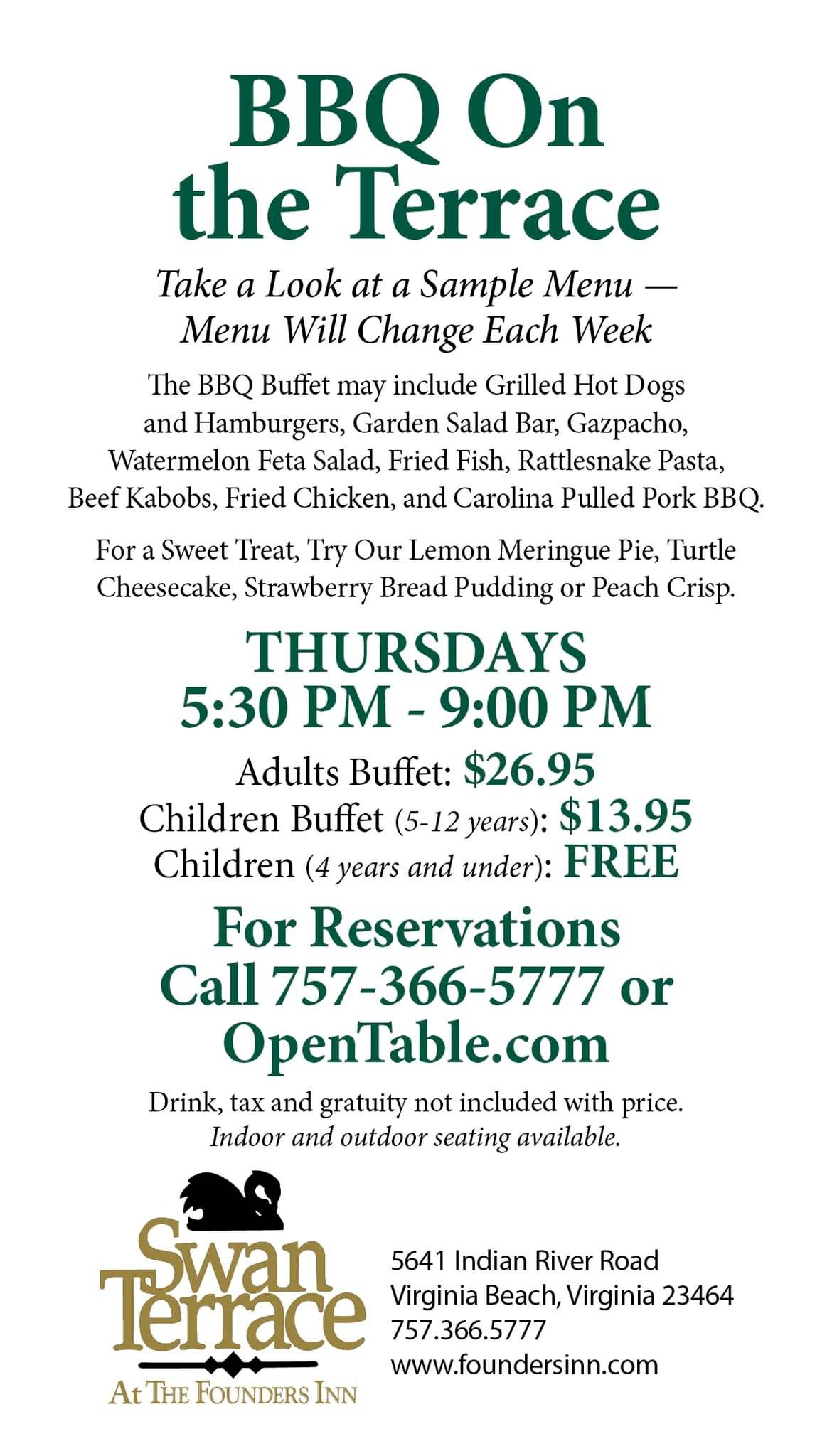 Menu at The Swan Terrace restaurant, Virginia Beach