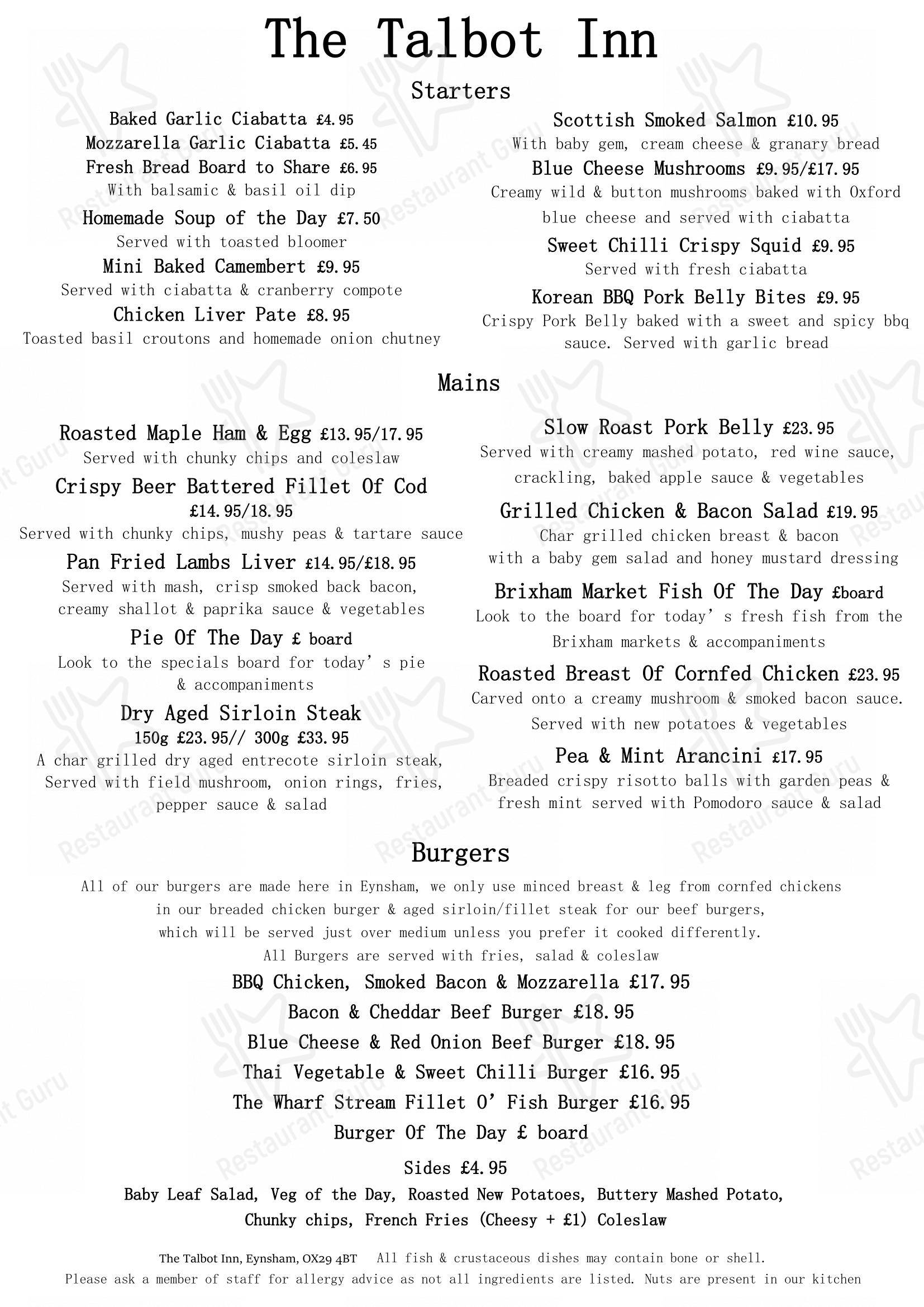 Menu at The Talbot Inn pub & bar, Eynsham