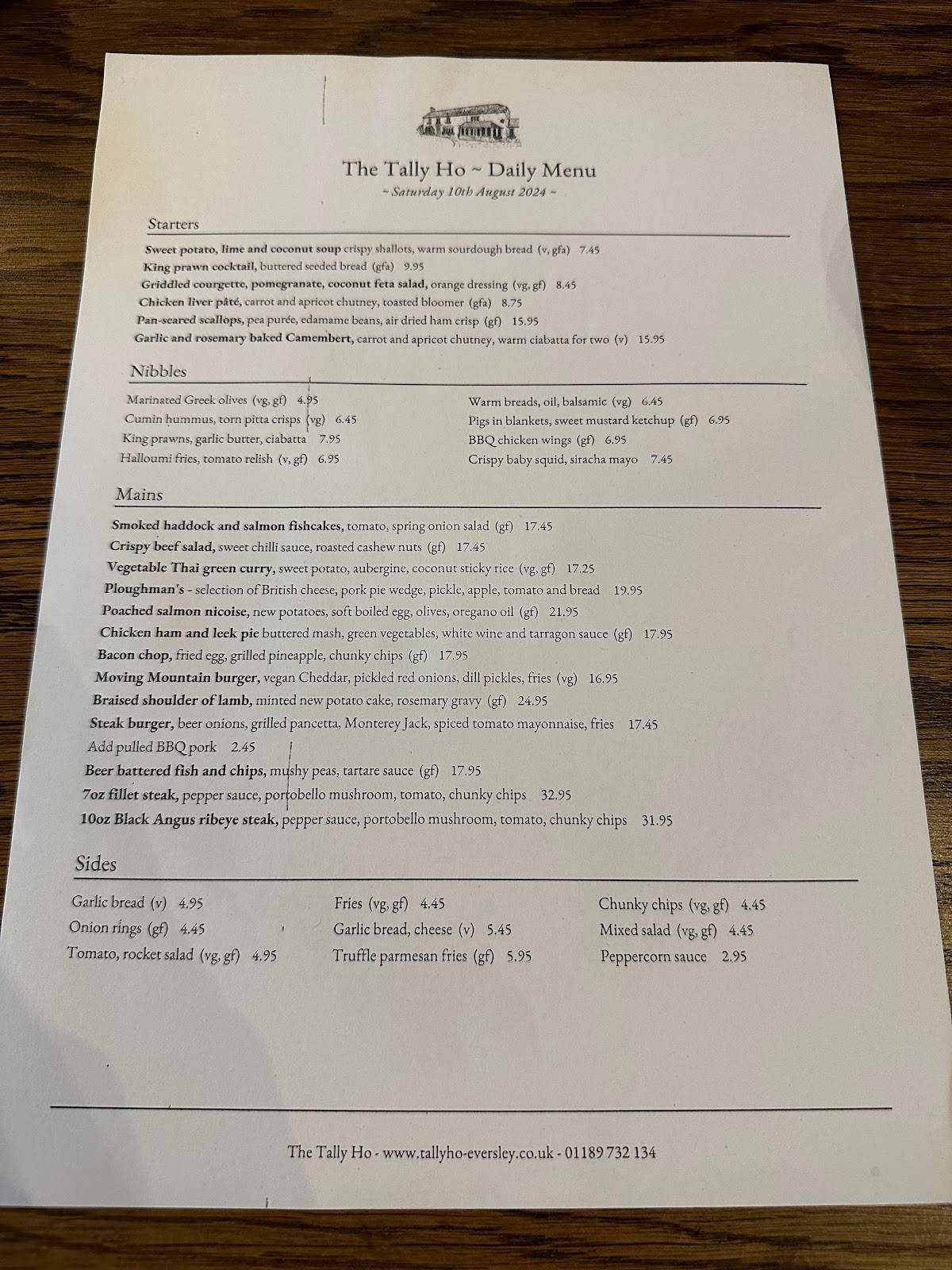 Menu at The Tally Ho pub & bar, Eversley