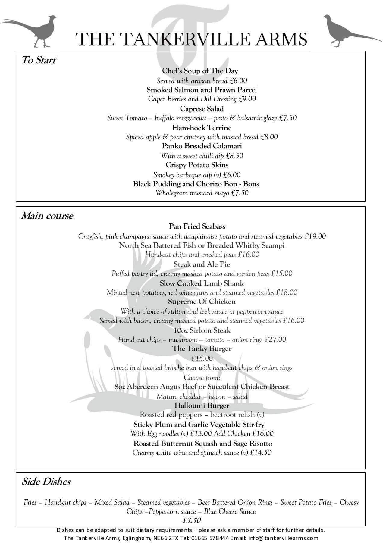 Menu at Tankerville Arms pub & bar, Eglingham, 15 The Village