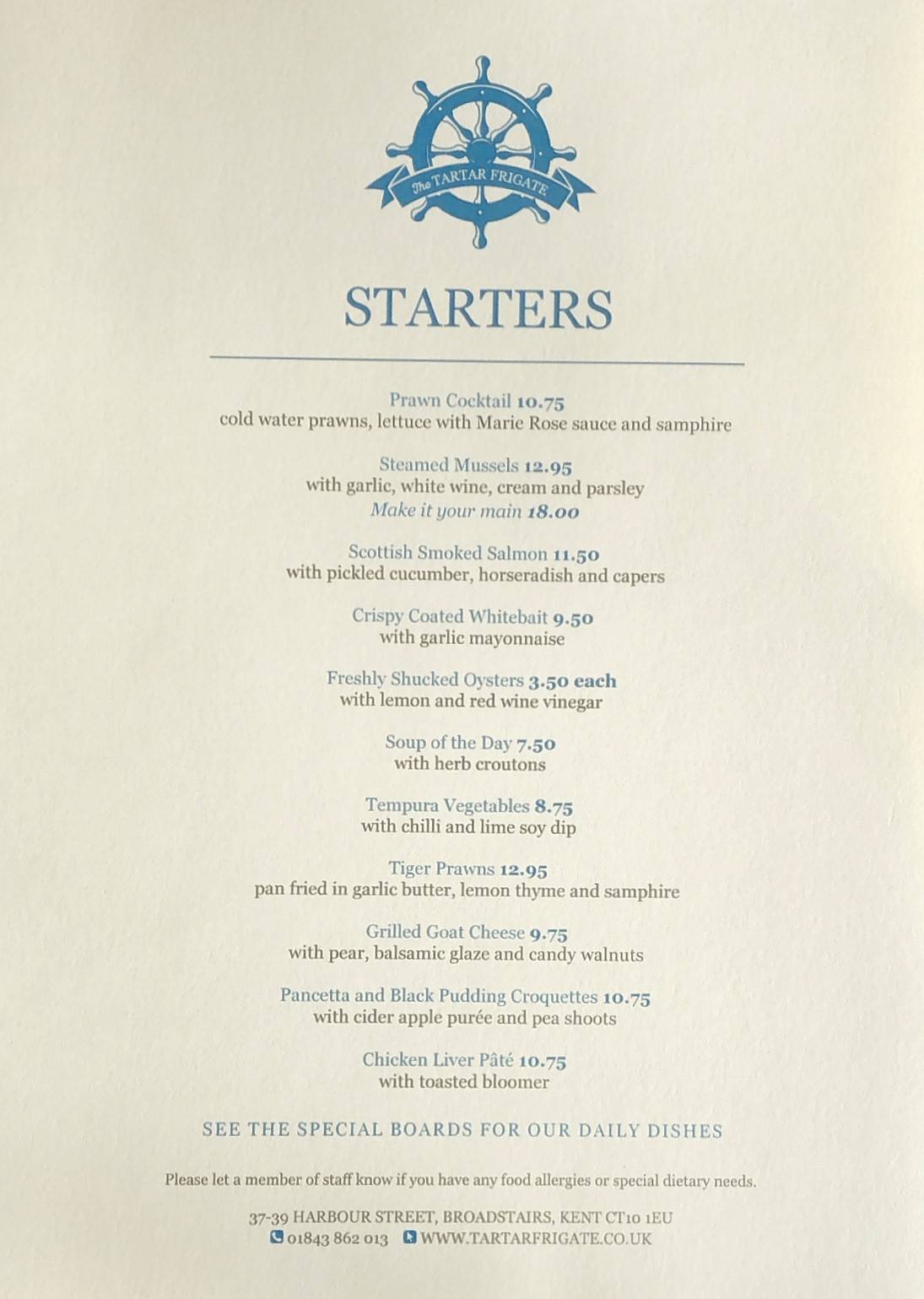 Menu at The Tartar Frigate pub & bar, Broadstairs