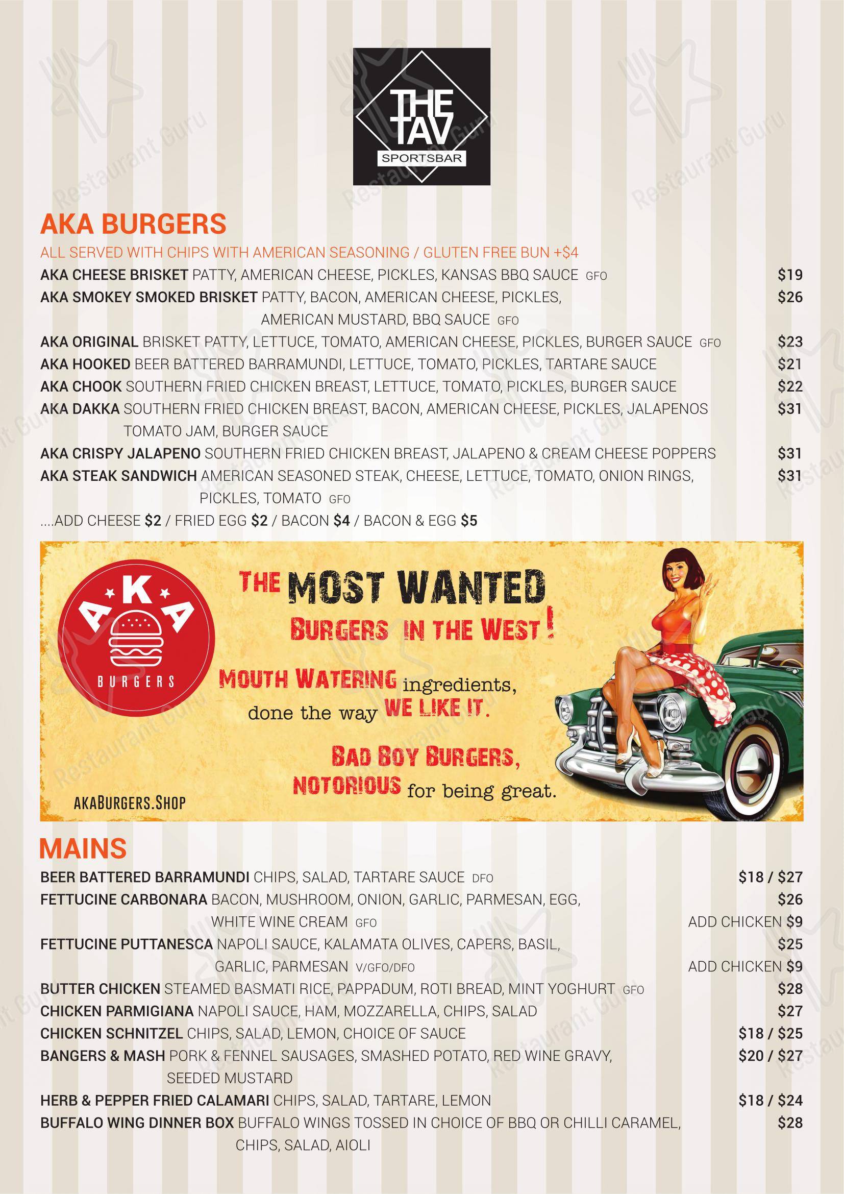 Menu at The Tav SportsBar Karratha, Pegs Creek