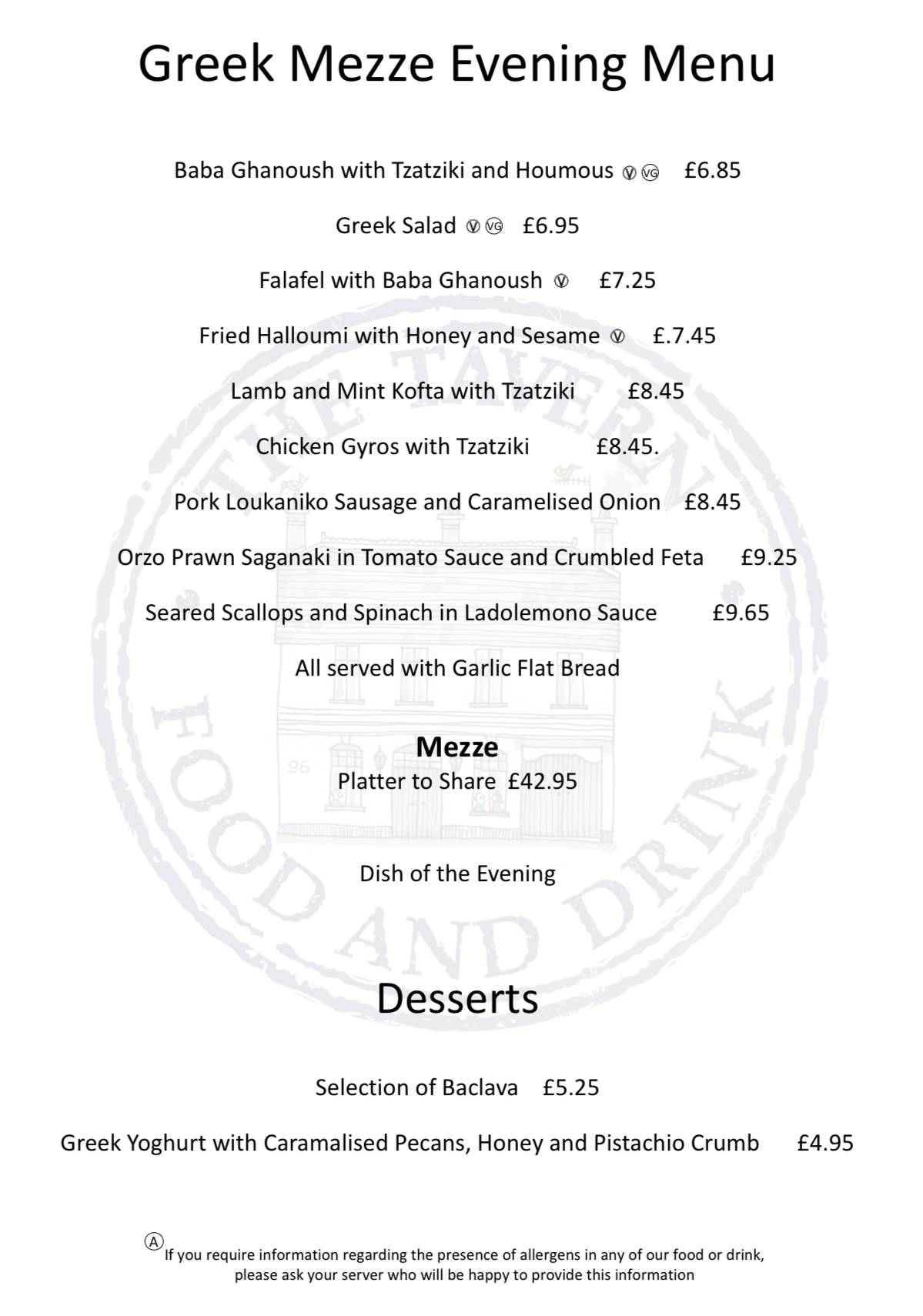 Menu at The Tavern restaurant, Chesham