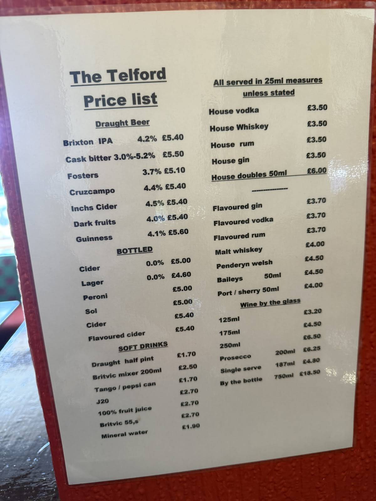 Menu at The Telford Inn pub & bar, Llangollen