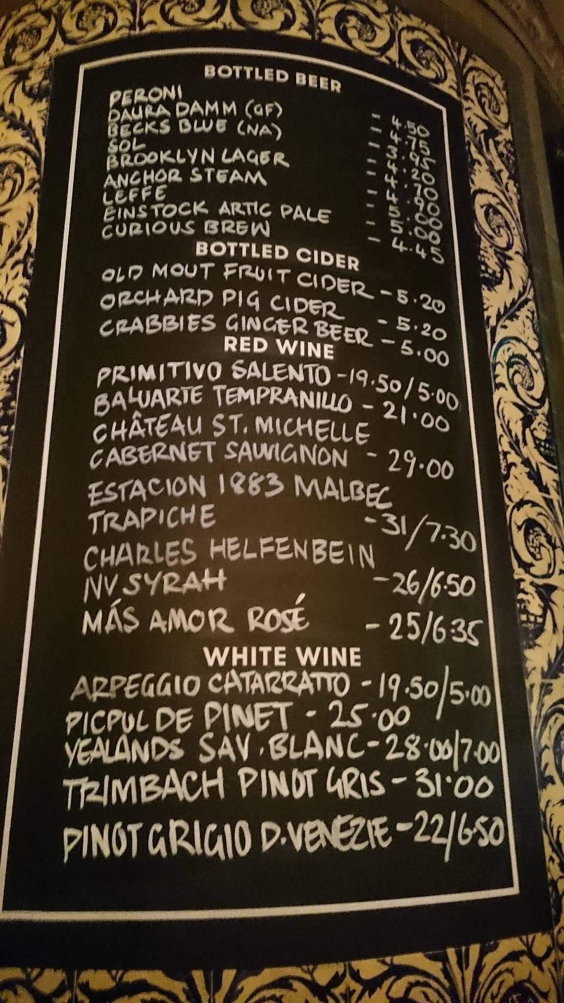 Menu at The Ten Bells pub & bar, London, 84 Commercial St