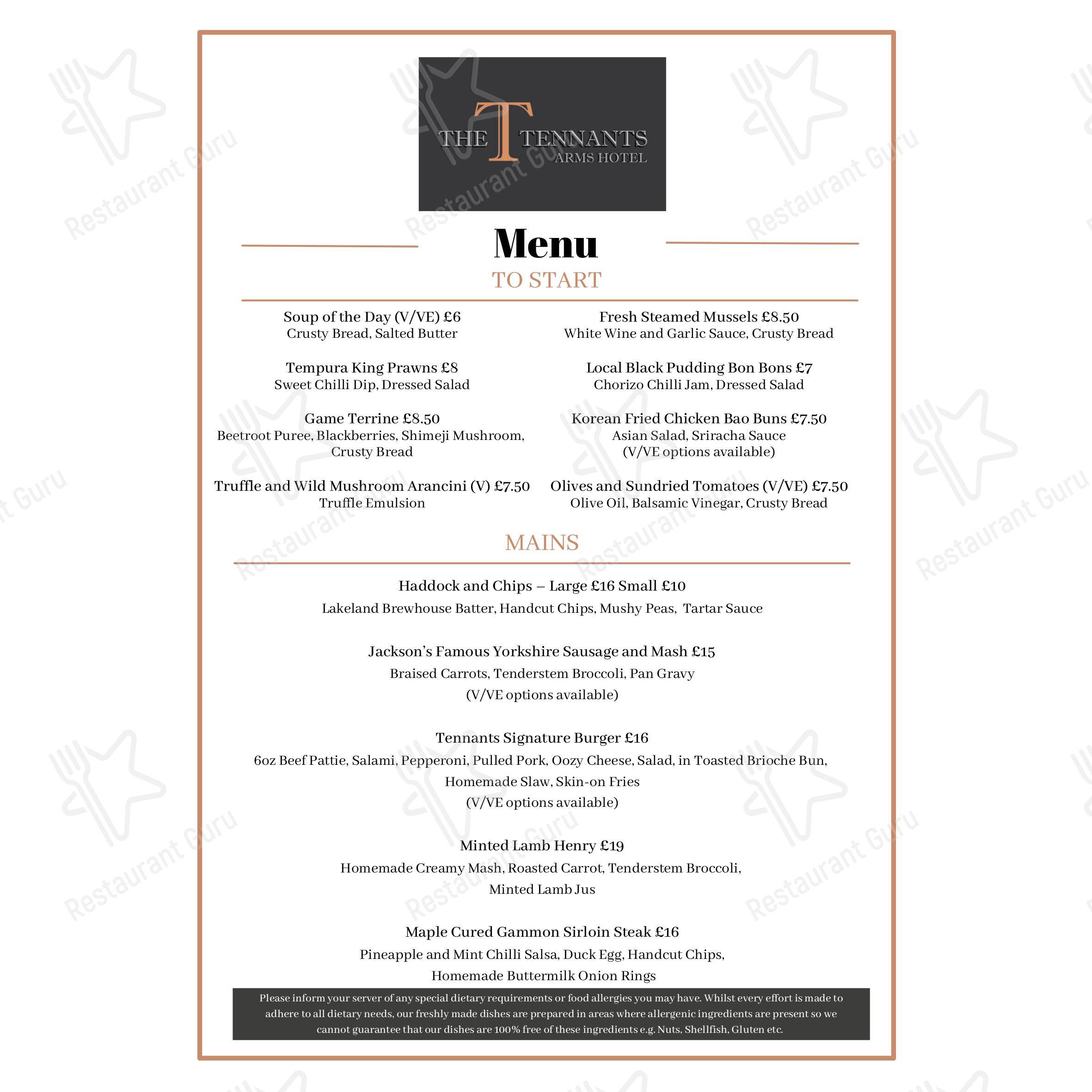 Menu at The Tennants Arms Hotel pub & bar, Kilnsey
