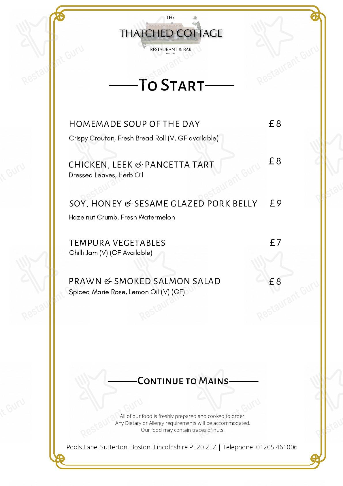 Menu at The Thatched Cottage Restaurant, Sutterton