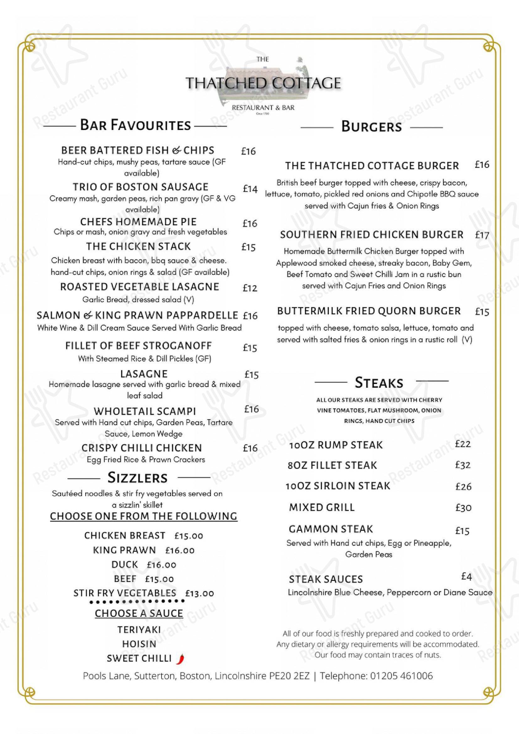 Menu at The Thatched Cottage Restaurant, Sutterton