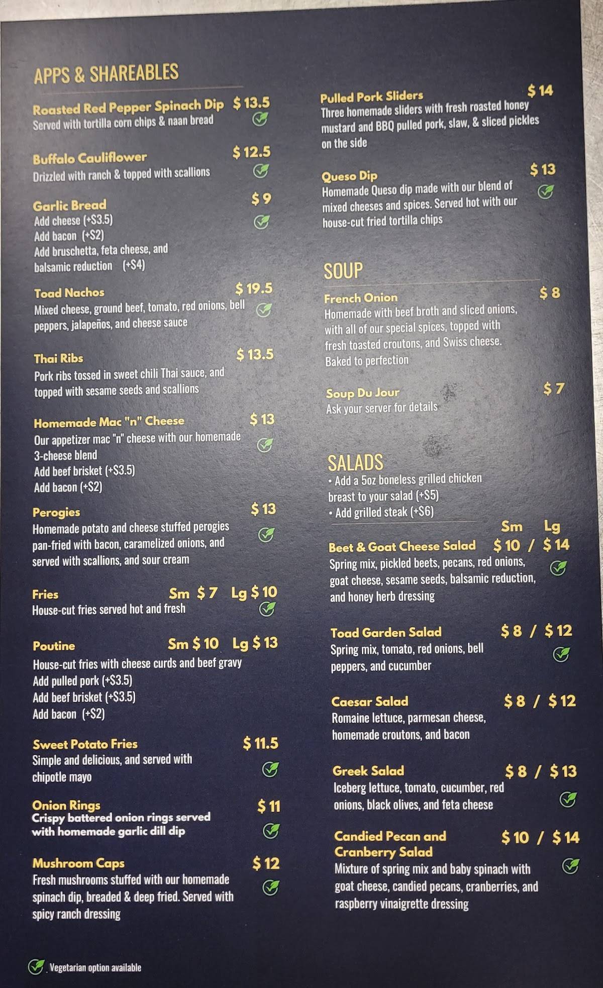 Menu at The Toad Stool Pub and Restaurant, Oshawa, 701 Grandview St N