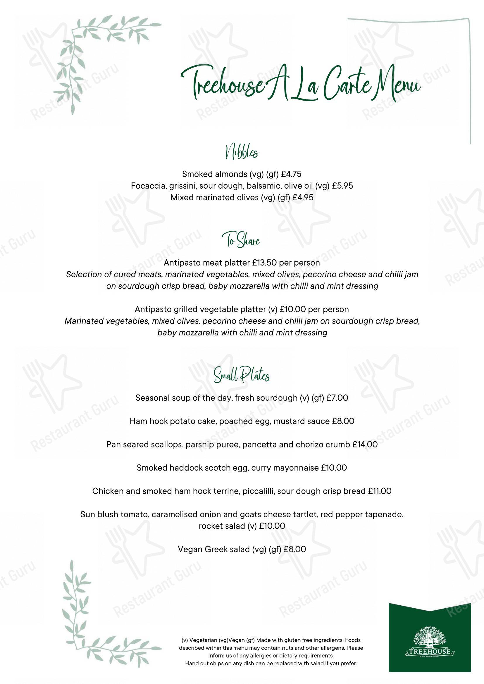 Menu at The Treehouse Restaurant, Alnwick