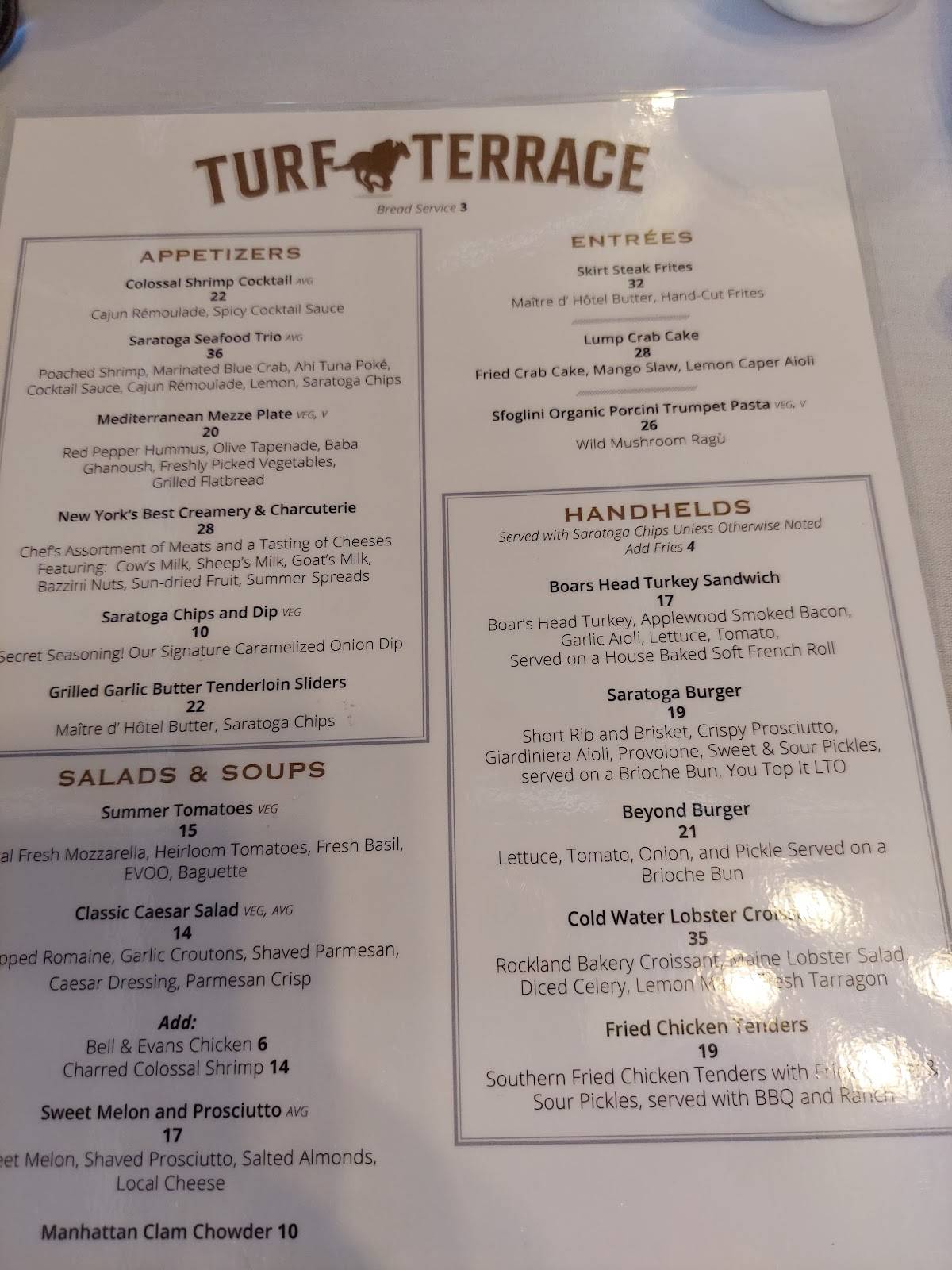 Menu at The Turf Terrace restaurant, Saratoga Springs