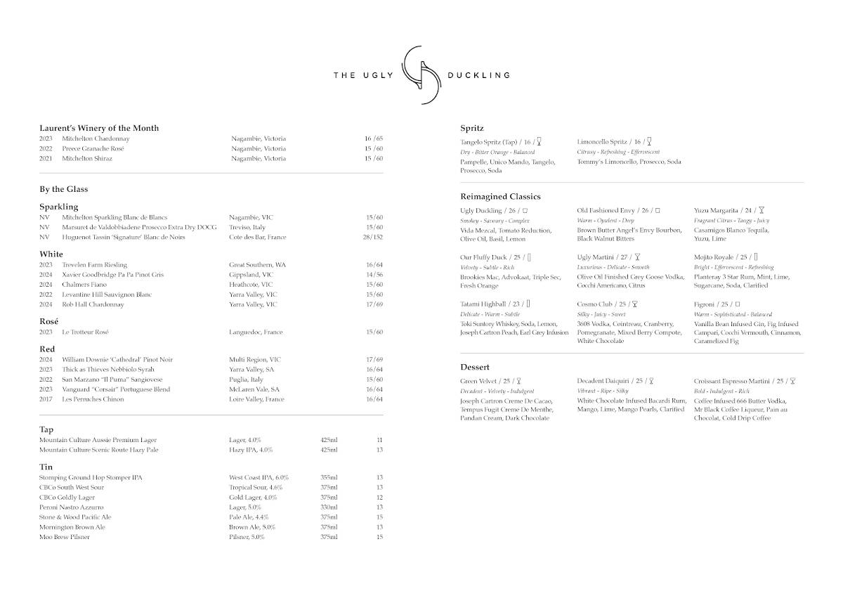 Menu at The Ugly Duckling Bar Richmond, Melbourne