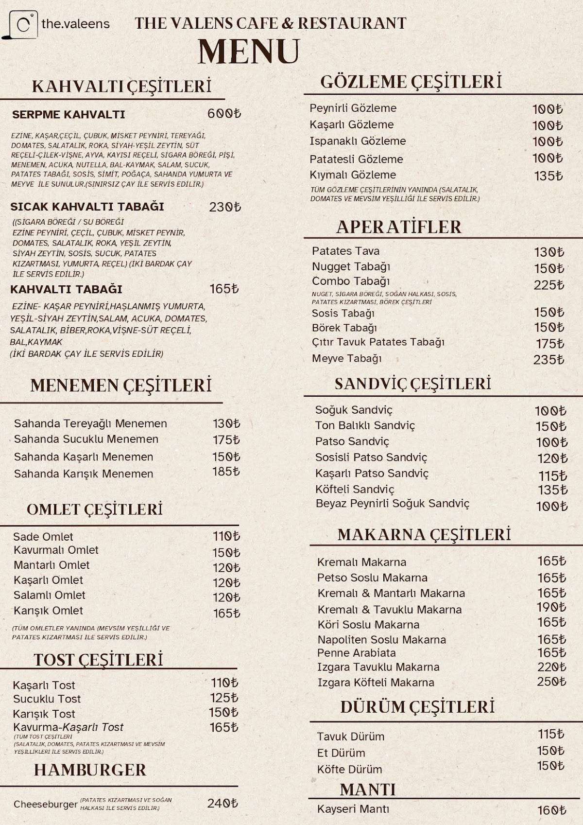Menu at The Valens Cafe & Restaurant, Istanbul