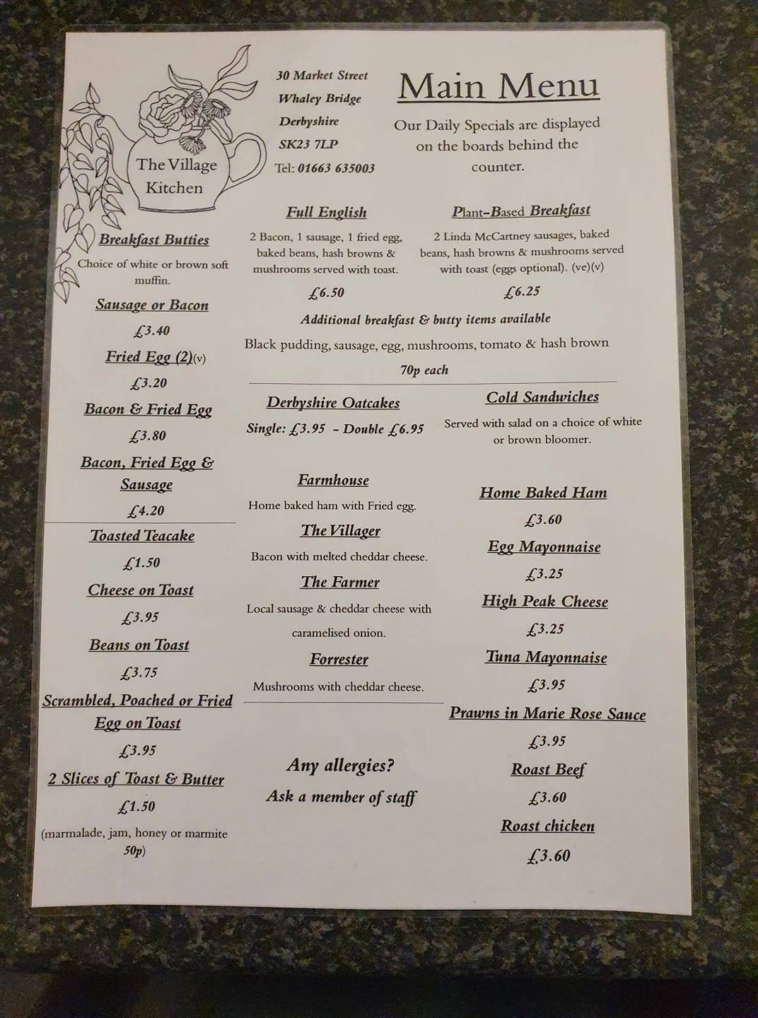 Menu at The Village Kitchen cafe, Whaley Bridge
