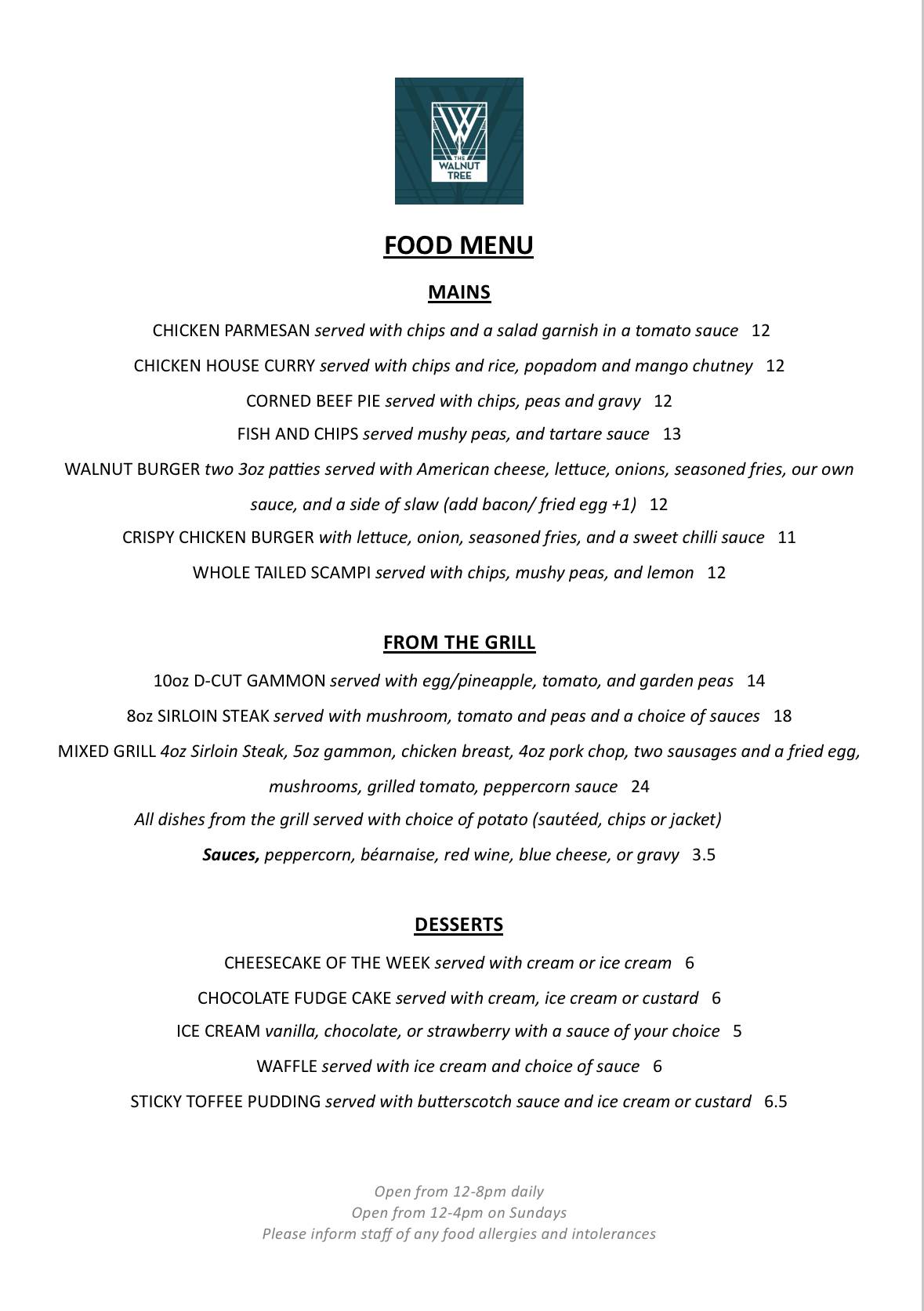 Menu at The Walnut Tree pub & bar, Bridgend