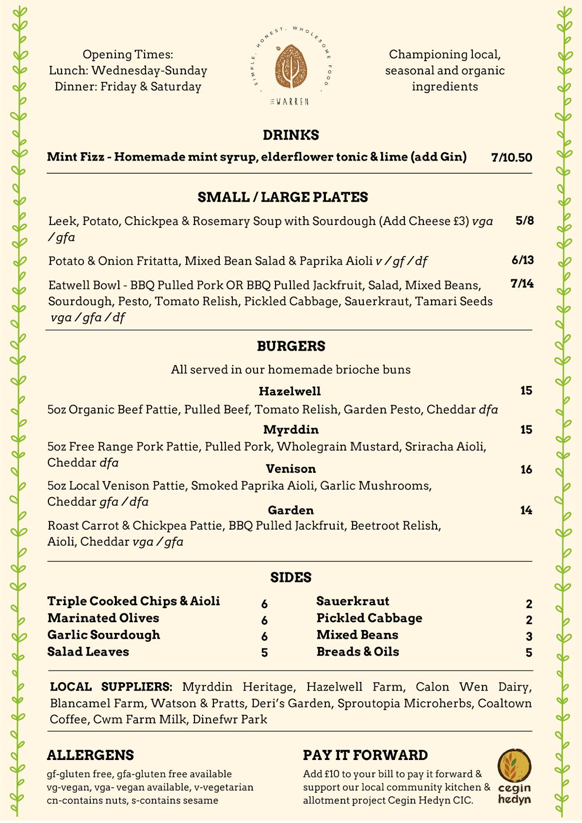 Menu at The Warren cafe, Carmarthen