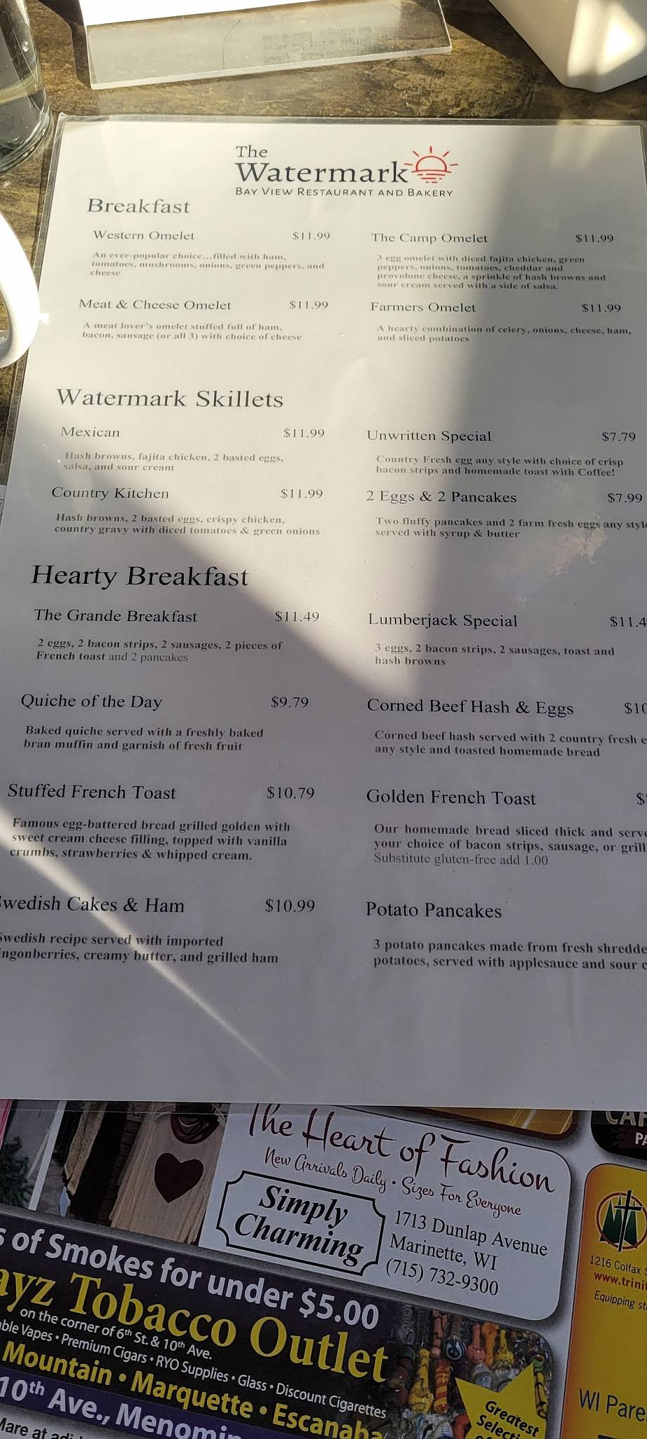Menu at The Watermark Bay View Restaurant & Bakery, Menominee