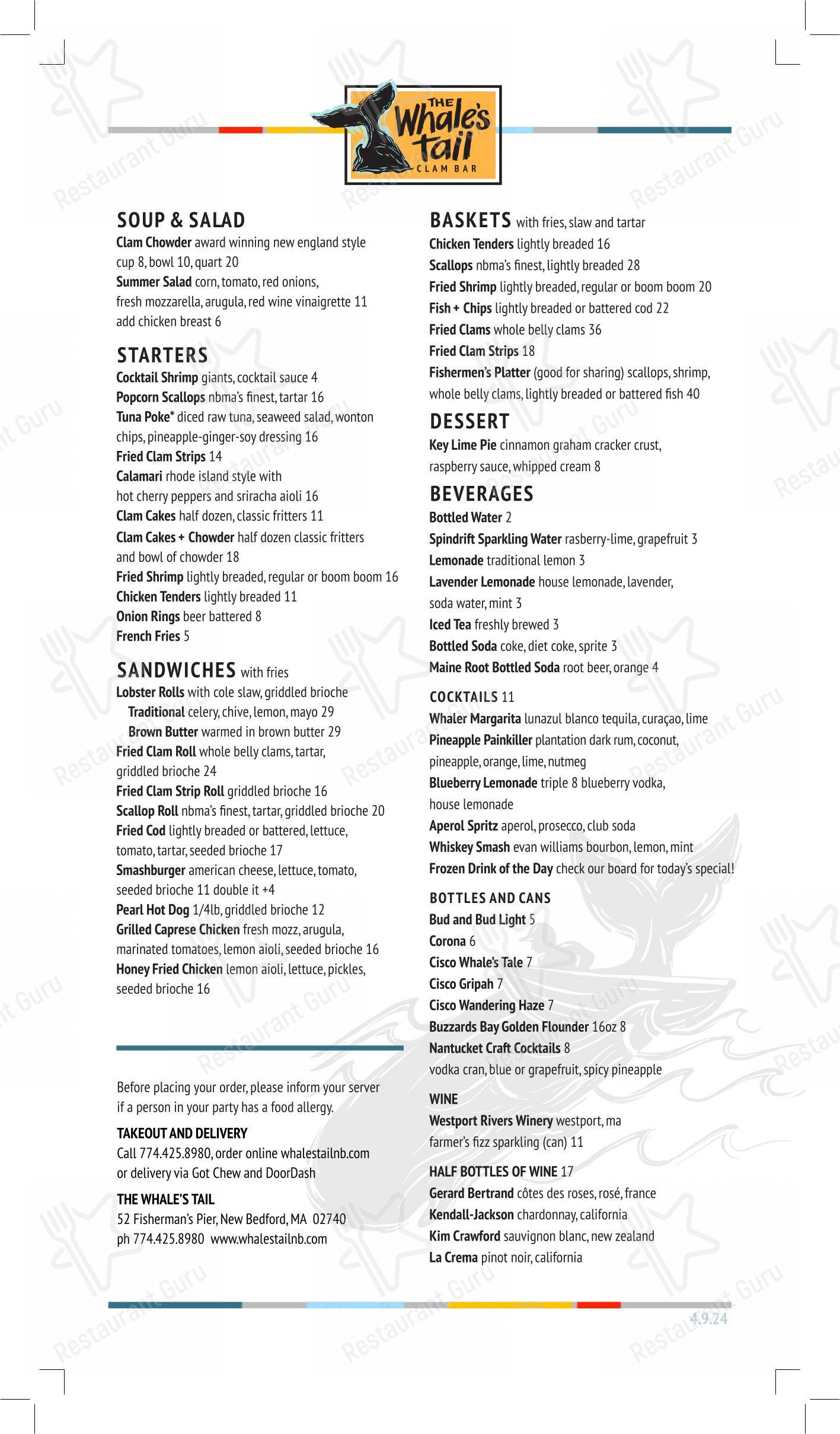 Menu at The Whale's Tail restaurant, New Bedford