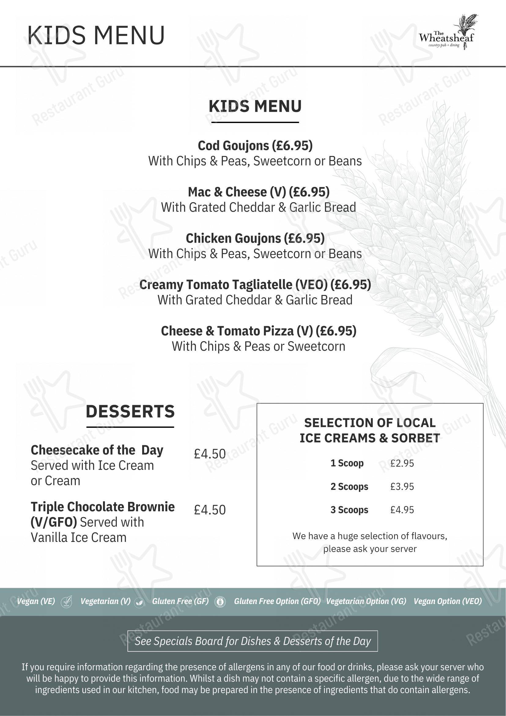 Menu at The Wheatsheaf pub & bar, Romsey